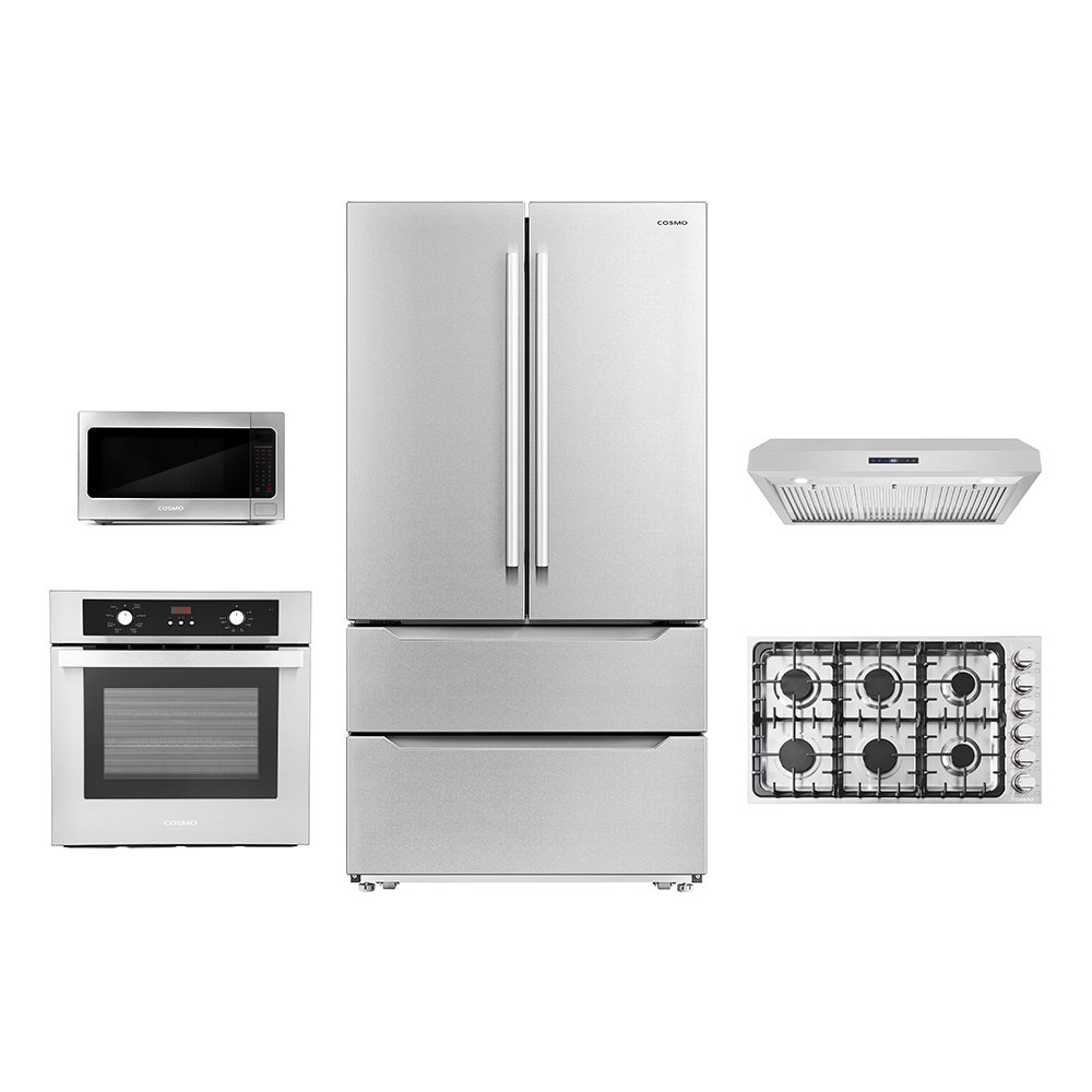 Cosmo 5 Piece Kitchen Package with French Door Refrigerator & 36" Gas ...
