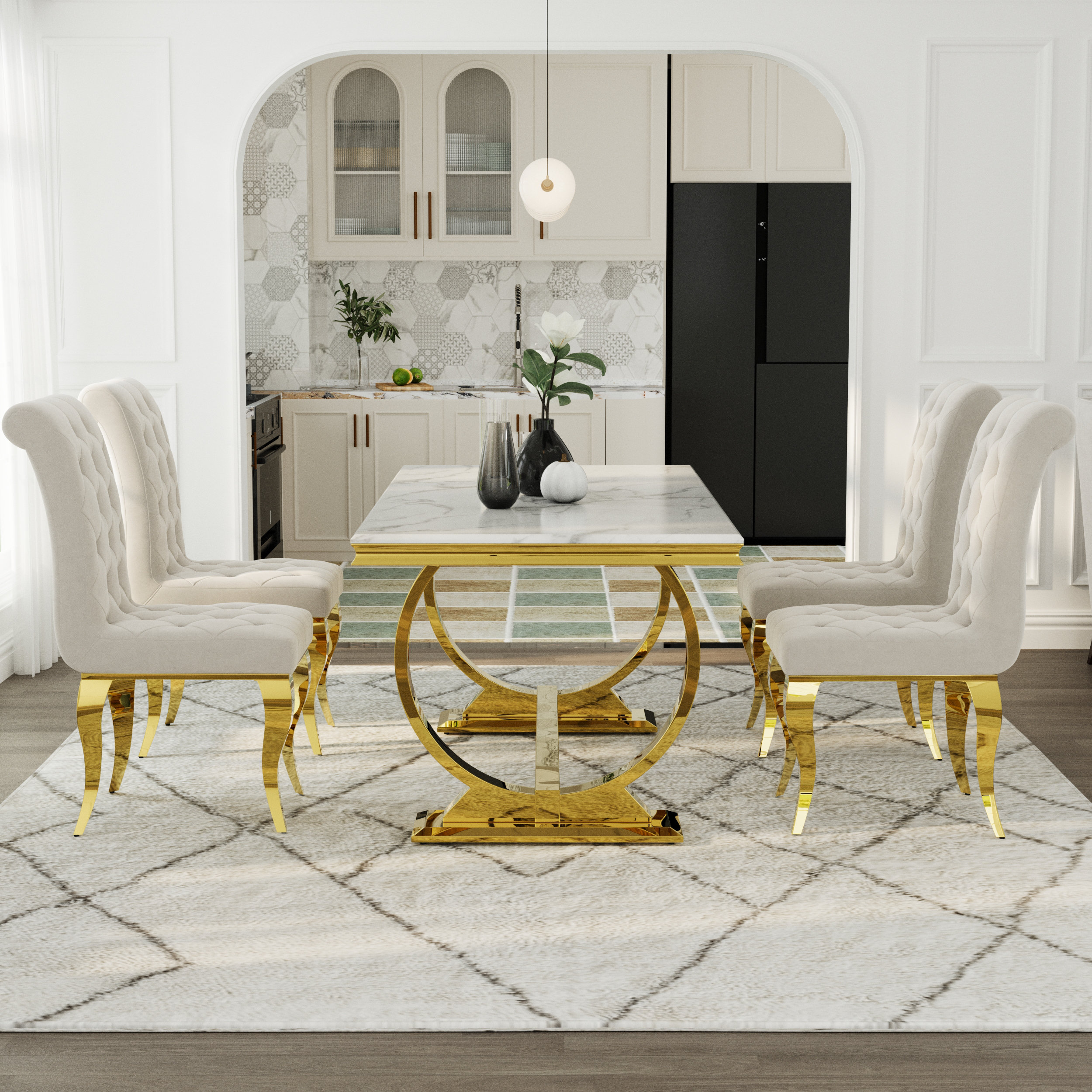 Rosdorf Park Luxury White And Gold Dining Table Set With White Velvet ...