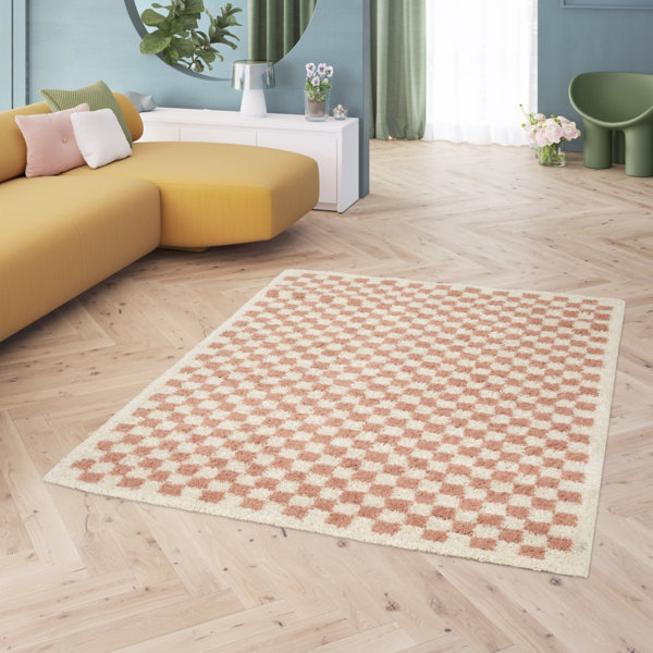 Ebern Designs Shaggy Chequered Pink/cream Rug & Reviews | Wayfair.co.uk