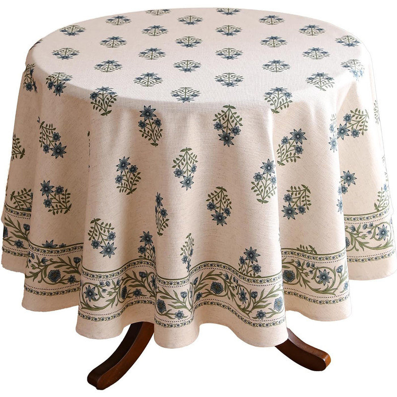 Wildon Home® Round Tables,Linen Table Cloth with Blue Flowers and Green ...