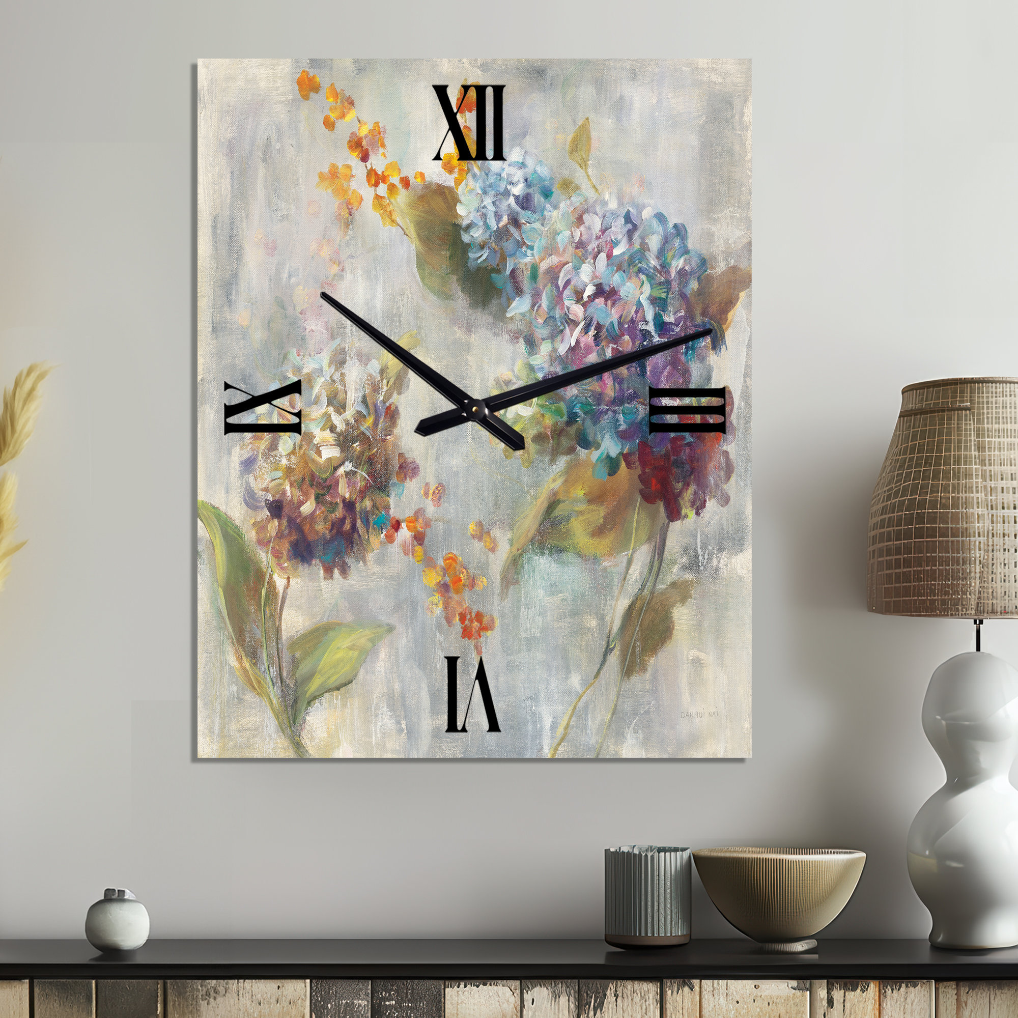 East Urban Home Autumn Hydrangea - Floral Metal Wall Clock | Wayfair
