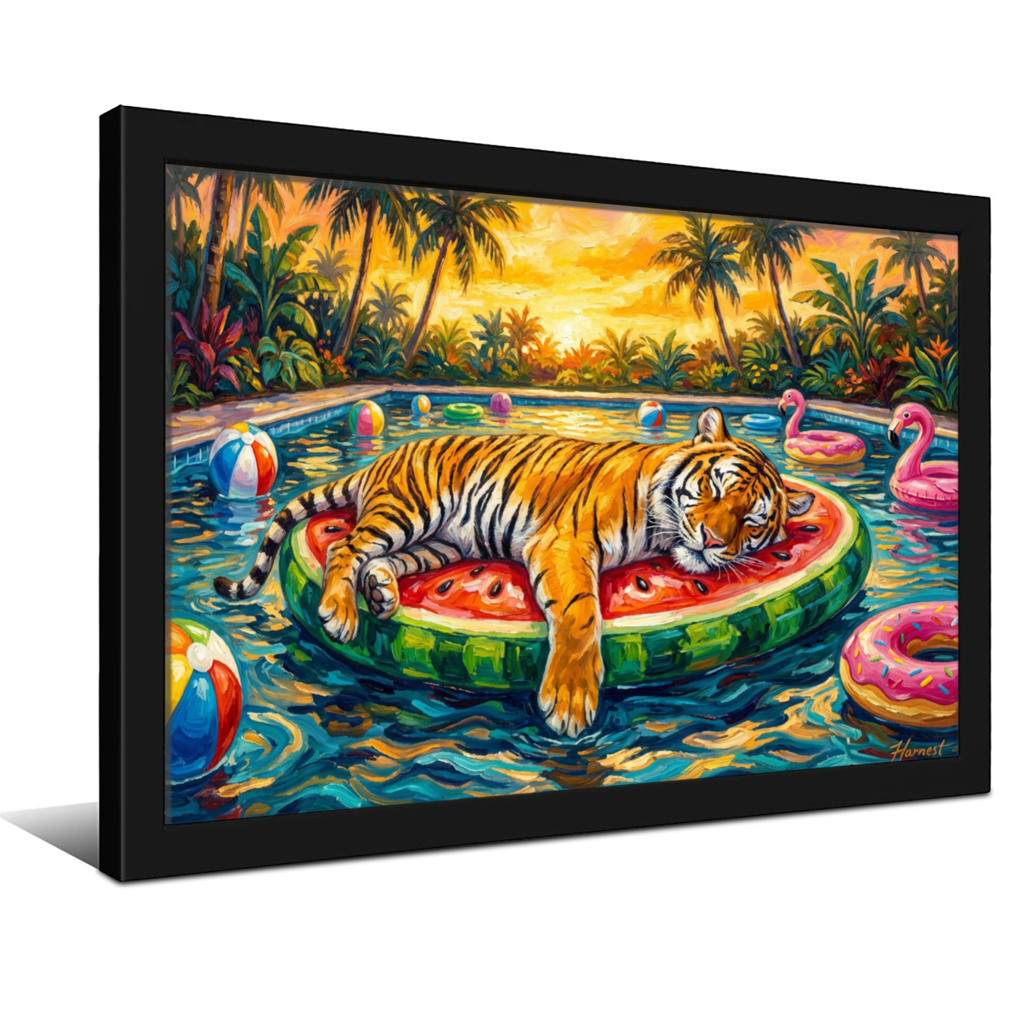 Charlton Home® Animals Tiger Relaxing On Watermelon Float In Pool | Wayfair