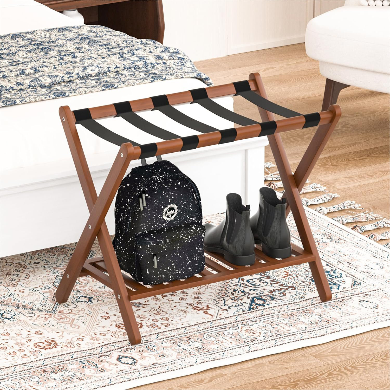 WINUAL Luggage Rack Bamboo Folding Suitcase Stand With Storage Shelf ...