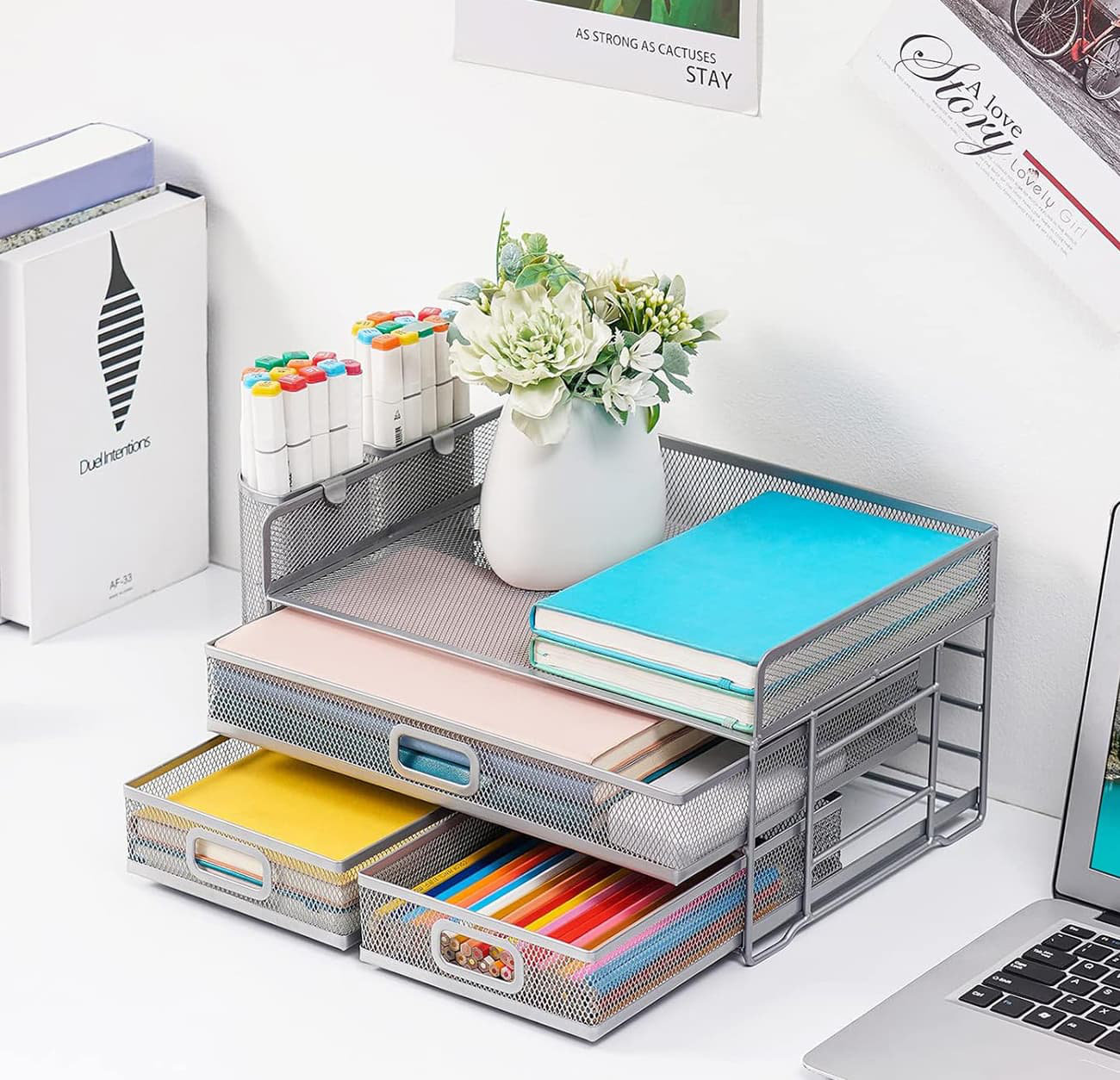 Latitude Run® Silver Mesh 3-Tier Desk Organizer with Drawer - 2 Pen ...