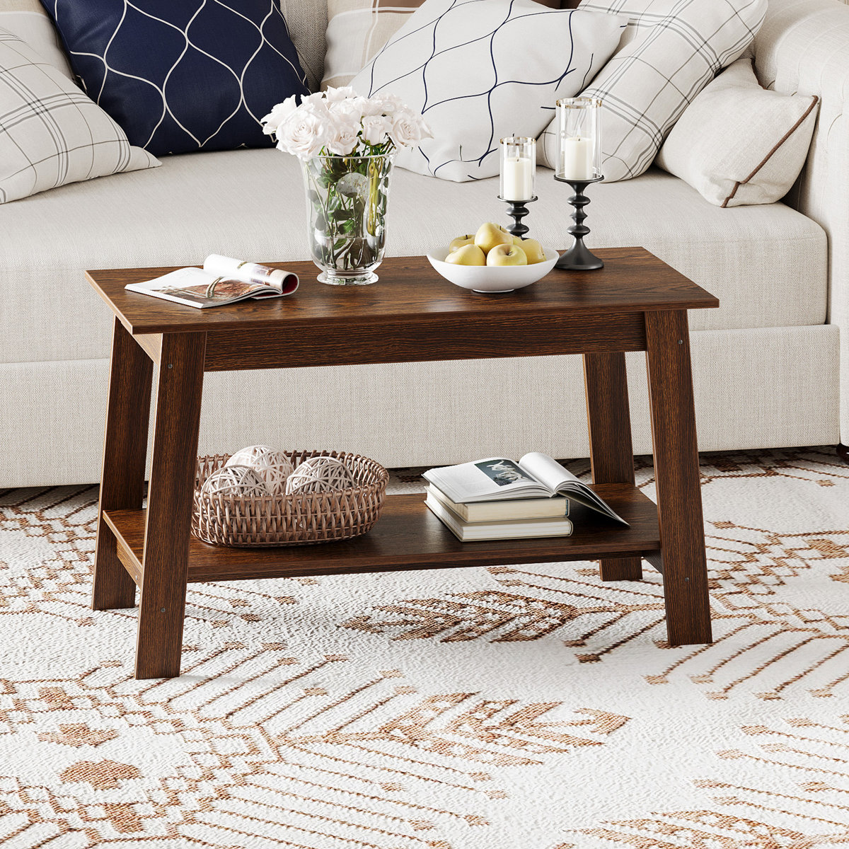 Winston Porter Modern Farmhouse Coffee Table with Storage Shelf, 2-Tier ...