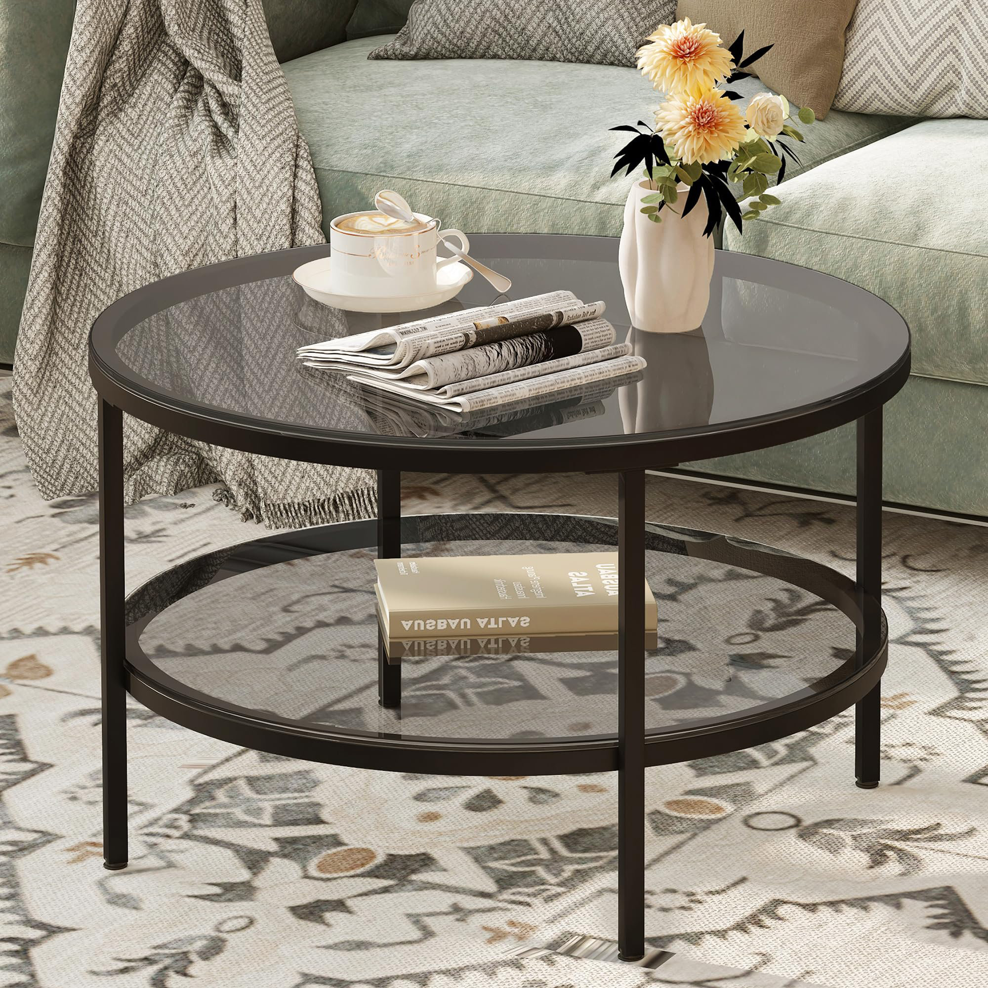 Latitude Run® Round Glass Coffee Tables For Living Room, 2-Tier Circle ...