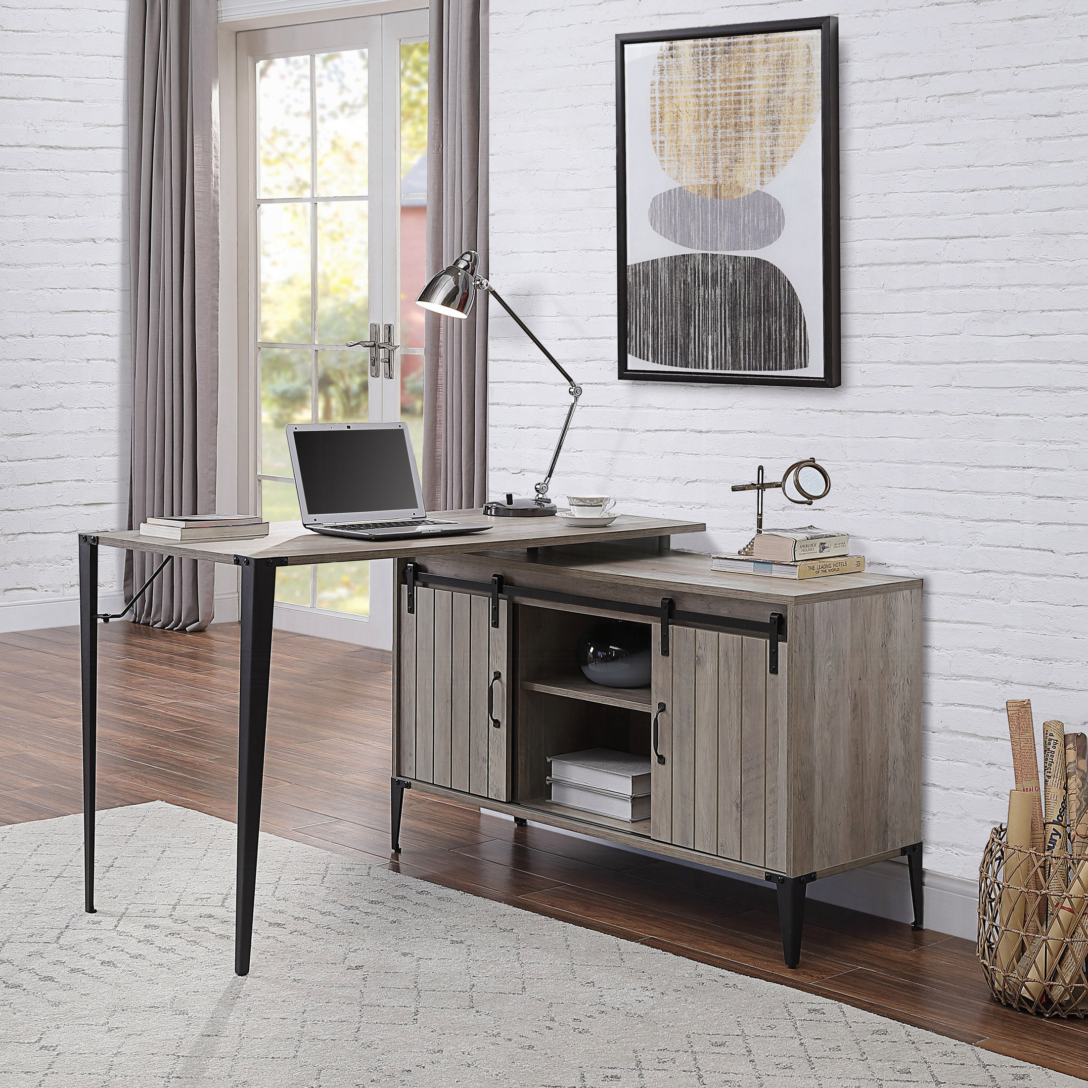 Taroo Clocks Grey Oak Writing Desk with Sliding Barn Door | Wayfair