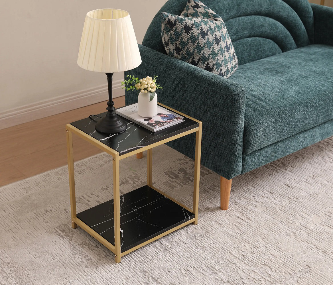 Mercer41 Quason Side End Table with Faux Marble Storage Shelves & Metal ...