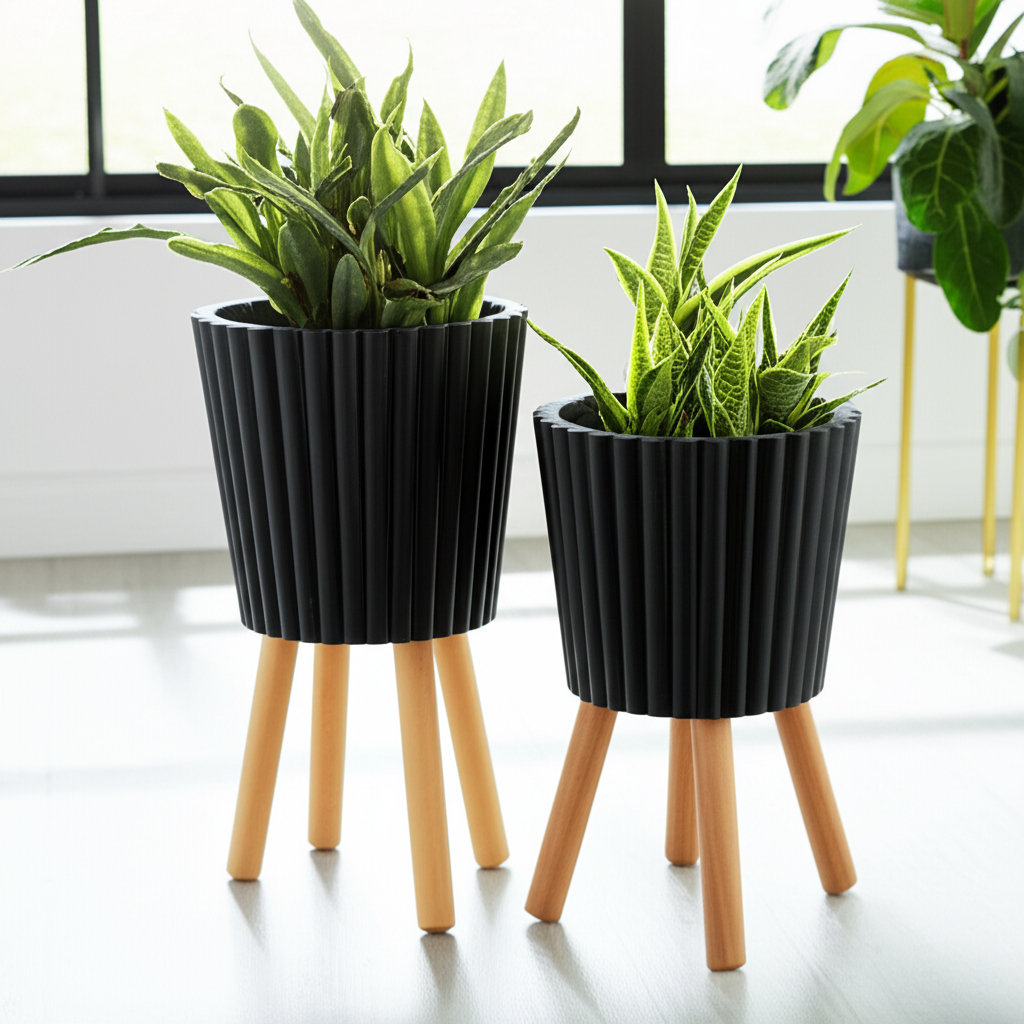 Union Rustic Resin and Wood Planters with Ribbed Design and Magnesia ...