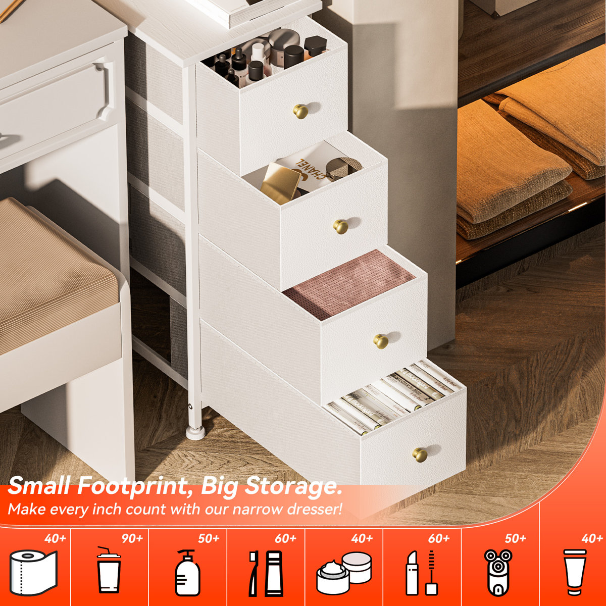 Ebern Designs Narrow Dresser with 4 Fabric Drawers Silm Dresser for ...