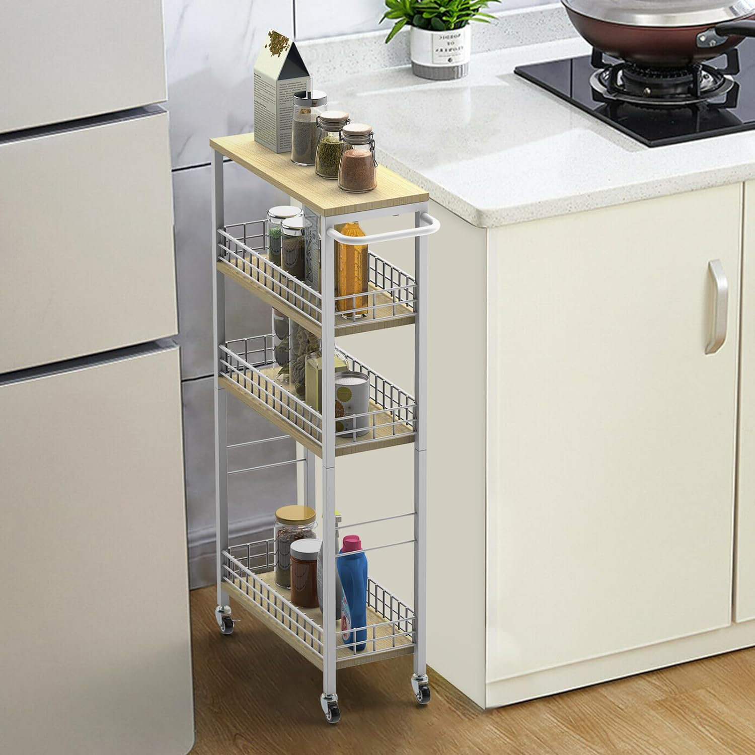 Ebern Designs Slim Storage Cart White Narrow Storage Cabinet 4 Tier ...