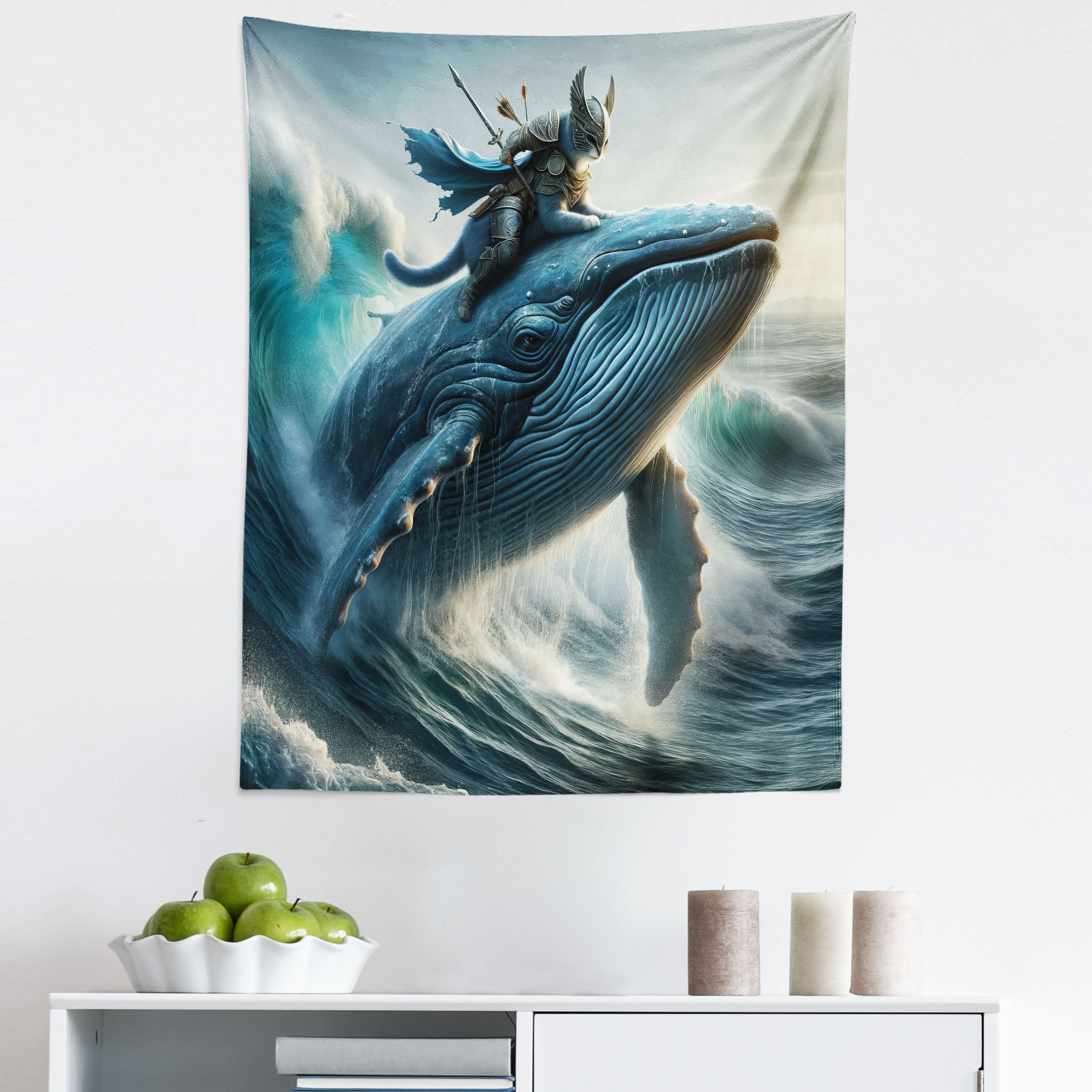 Ebern Designs Funny Warrior Cat Riding a Whale Slate Blue Aqua Blue ...