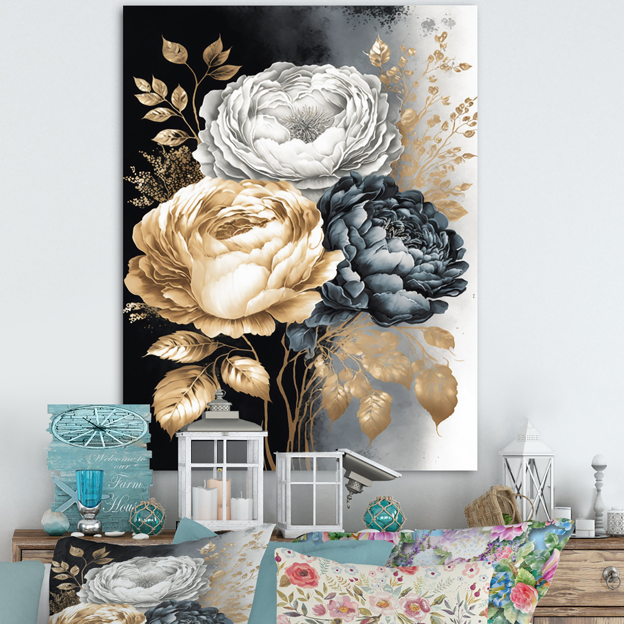 House of Hampton® White, Gold And Black Rose Bouquet I White, Gold And ...