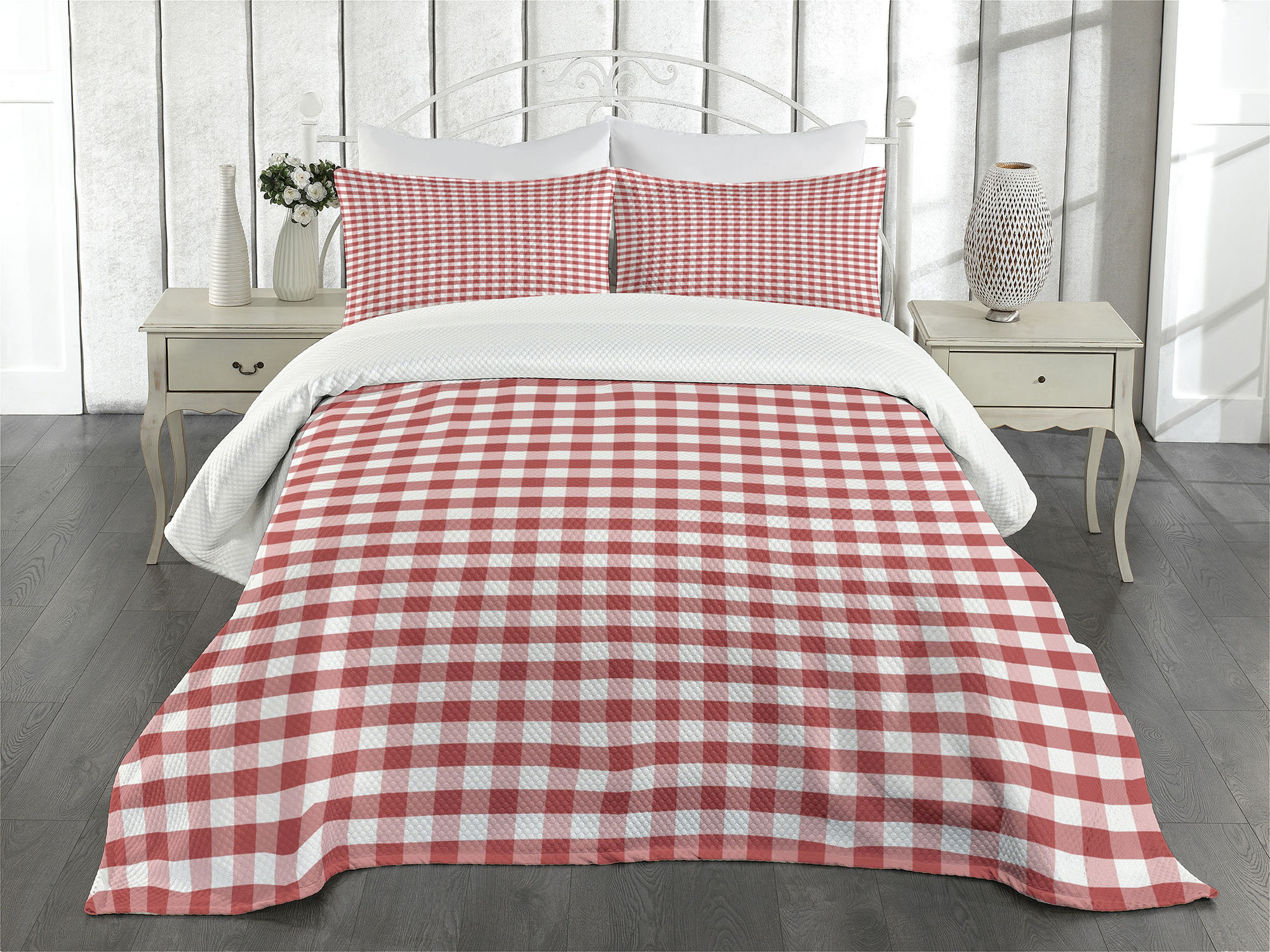 Ambesonne Checkered Bedspread Set Traditional Gingham Coral White | Wayfair