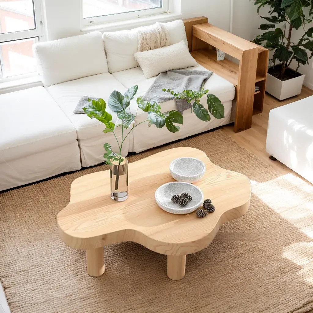 Ivy Bronx Leaton Cloud Shape Irregular Wood Coffee Table,Round Corner ...