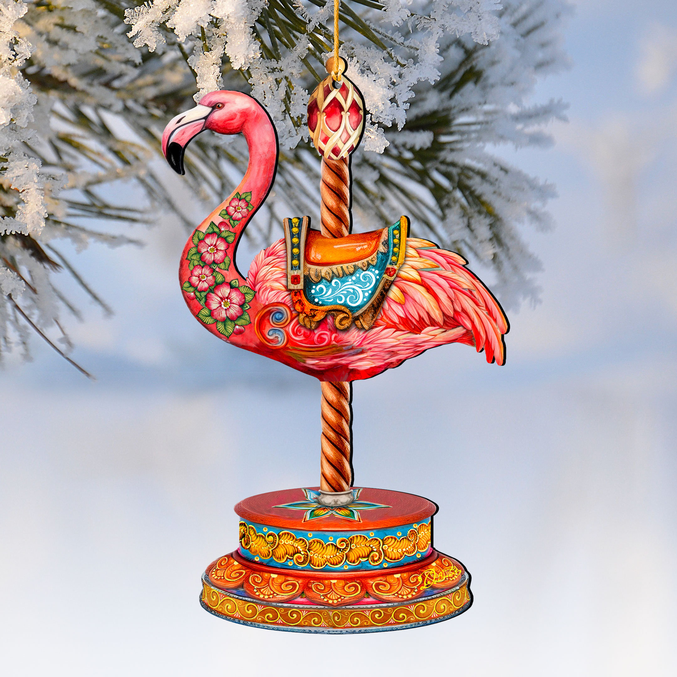 The Holiday Aisle® Pink Flamingo Carousel Christmas Wooden Ornaments By ...
