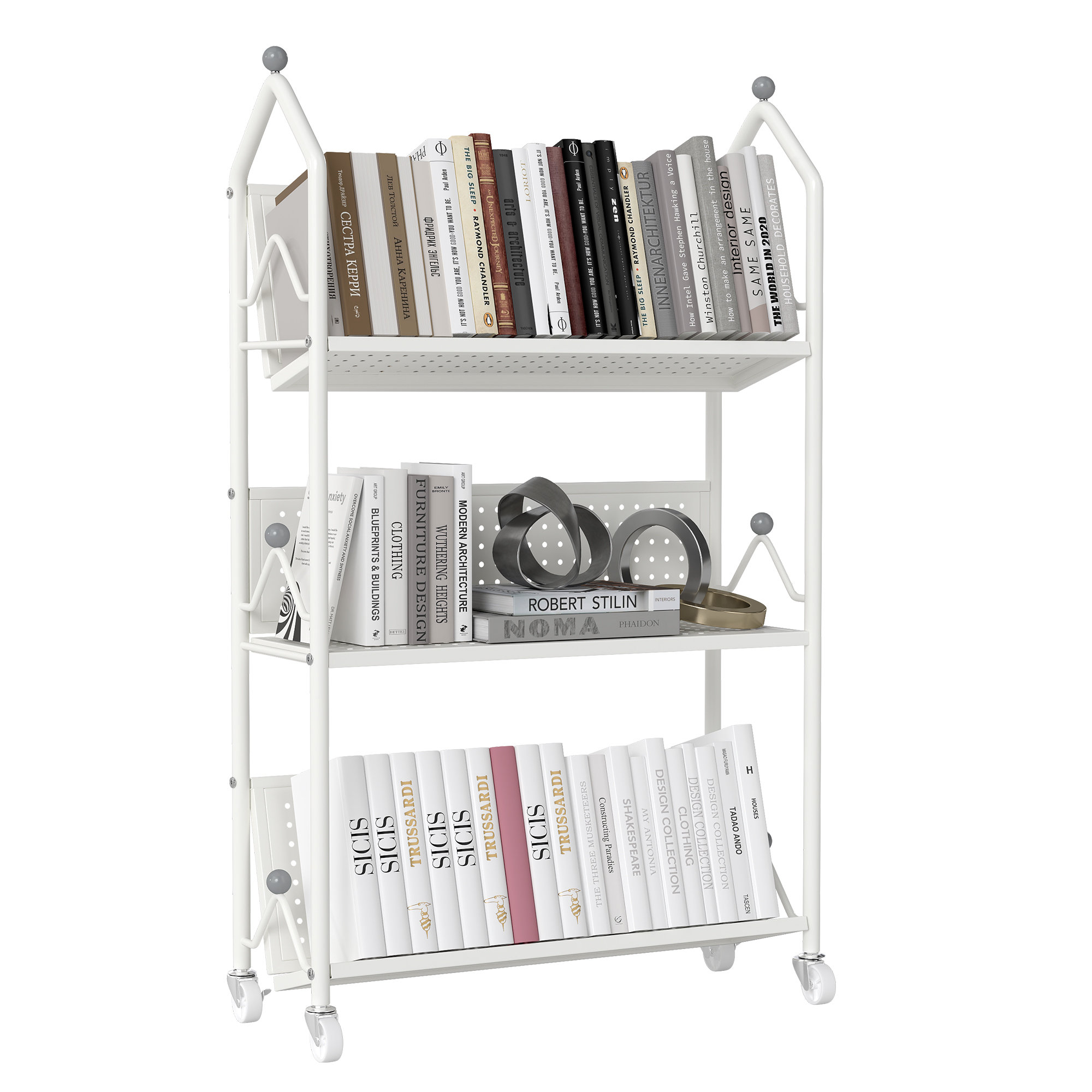 Winston Porter 3-Tier Metal Bookshelves Rack with Rolling Wheels ...