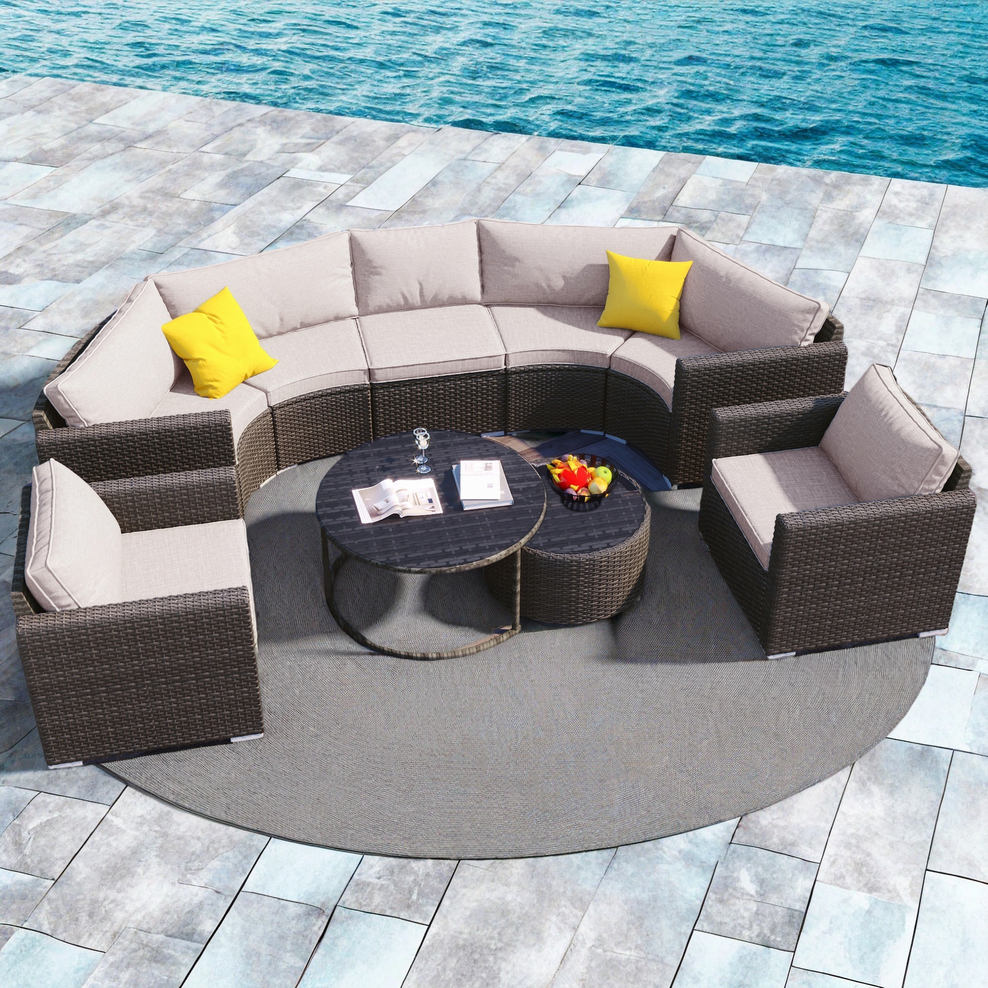 Ebern Designs 9-Pieces Outdoor Half-Moon Patio Sofa Set, Round Sofa Set ...