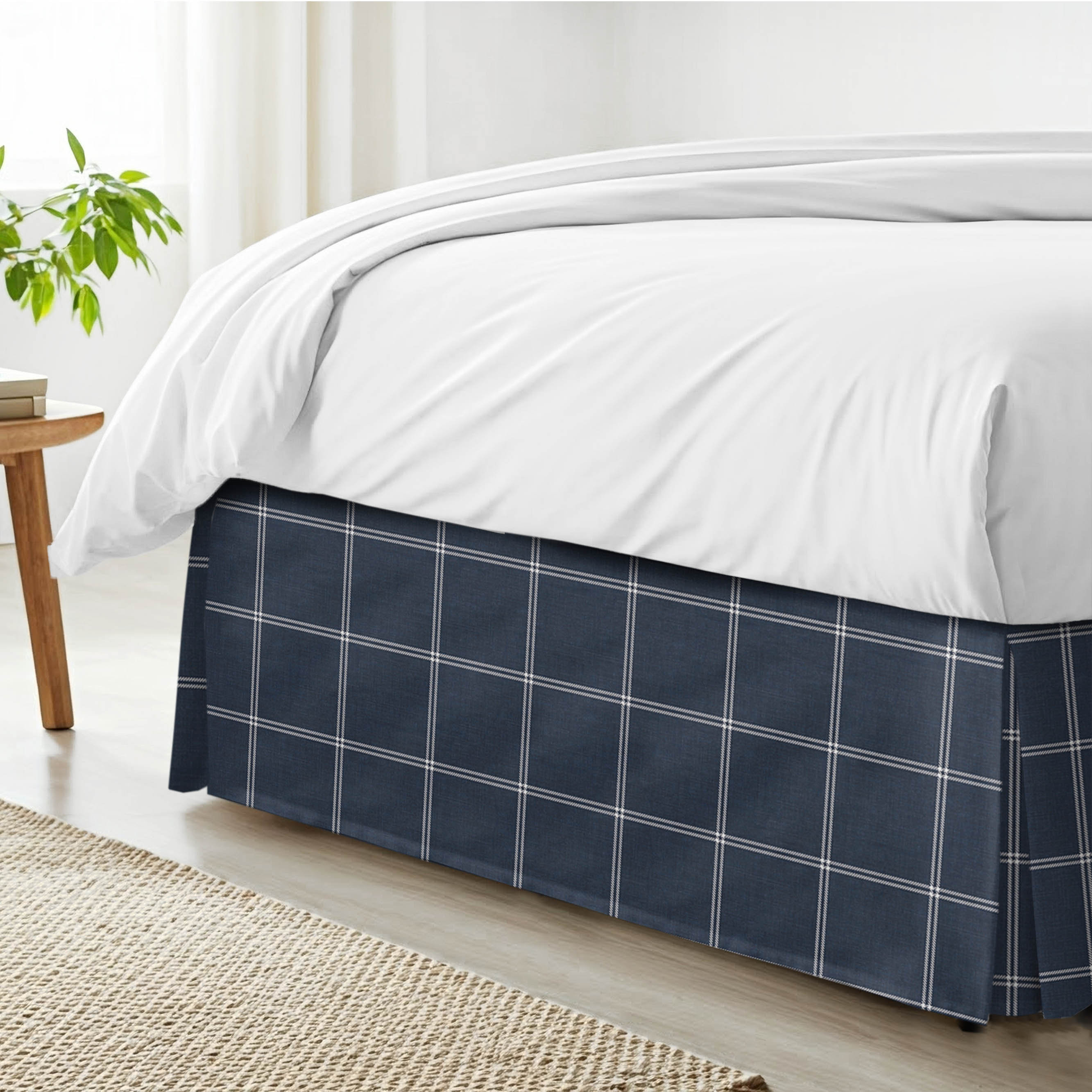 6ix Tailors Fine Linens Shay Window Pane Dark Denim Cotton Bedskirt ...