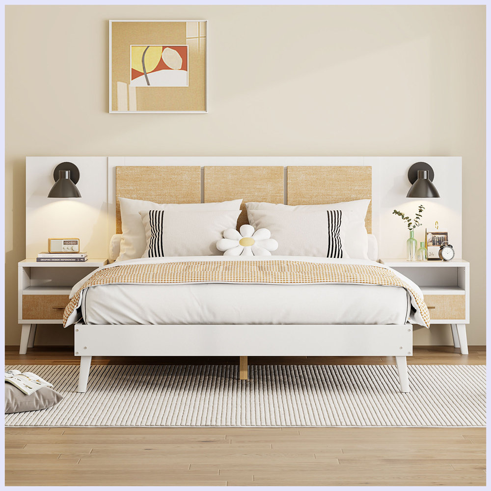 Corrigan Studio® Modern Solid Wood Bed Frame with 2 Nightstands and ...