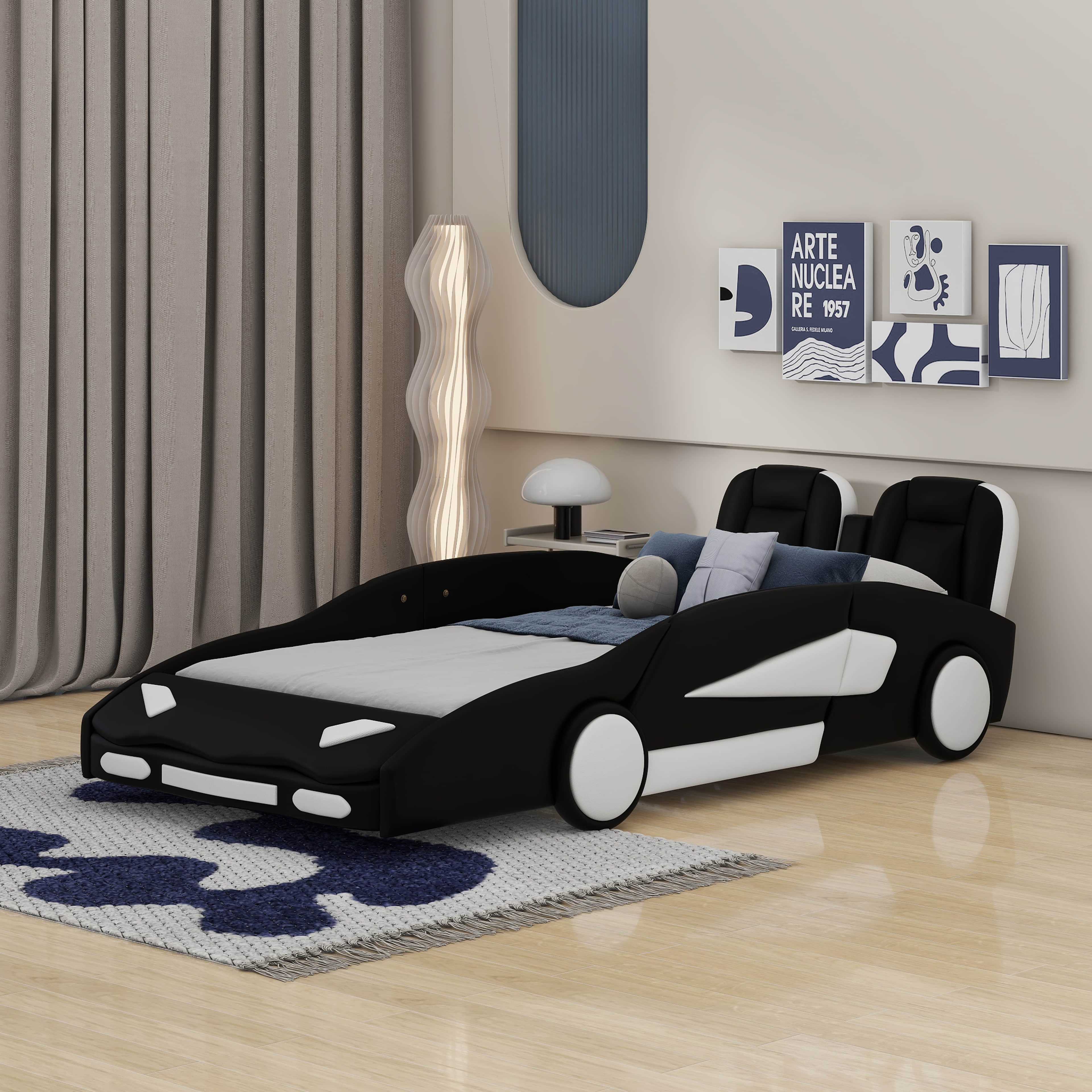 Ivy Bronx Twin Size Race Car-Shaped Platform Bed With Wheels | Wayfair
