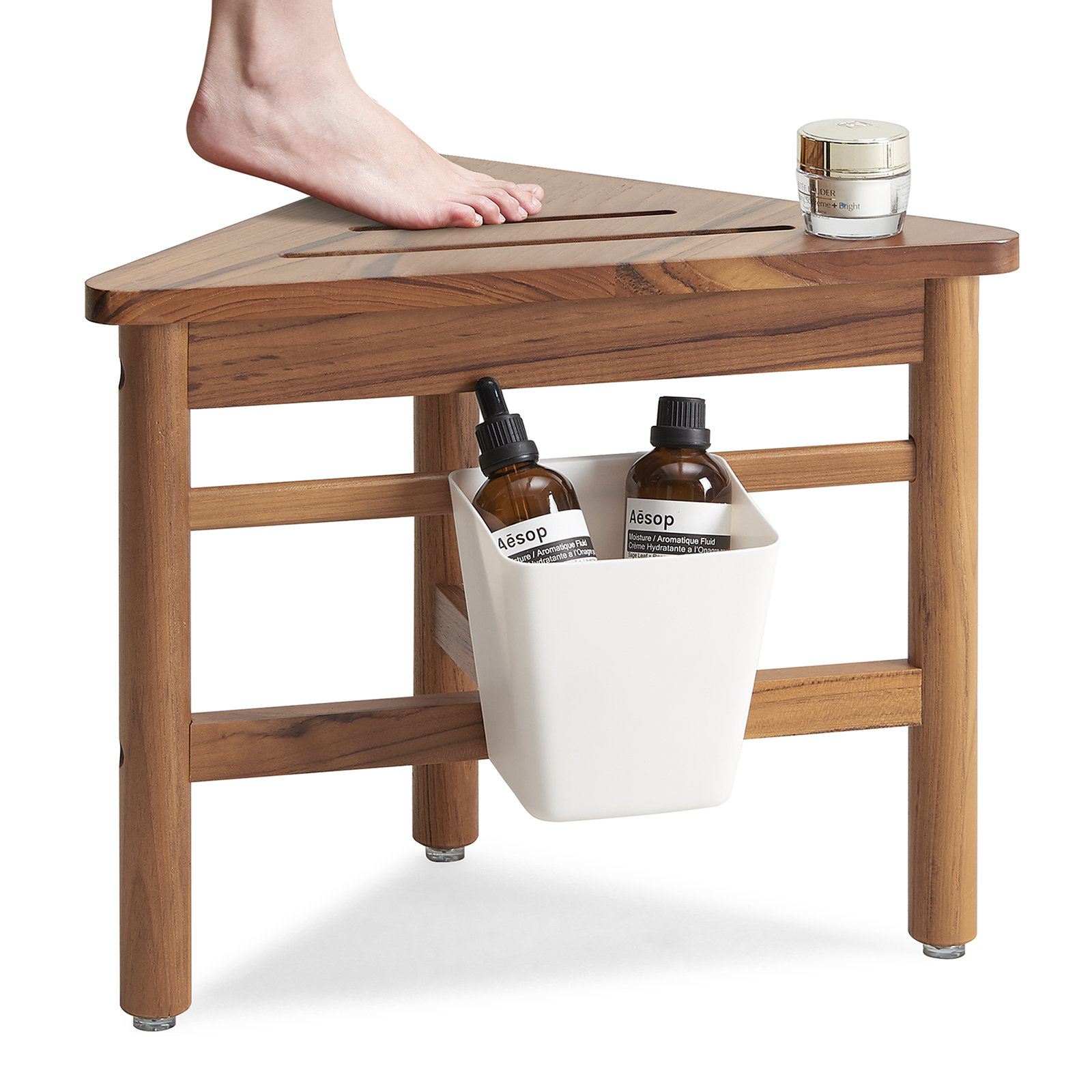 Ebern Designs Teak Corner Shower Stool, Small Corner Shower Bench For ...