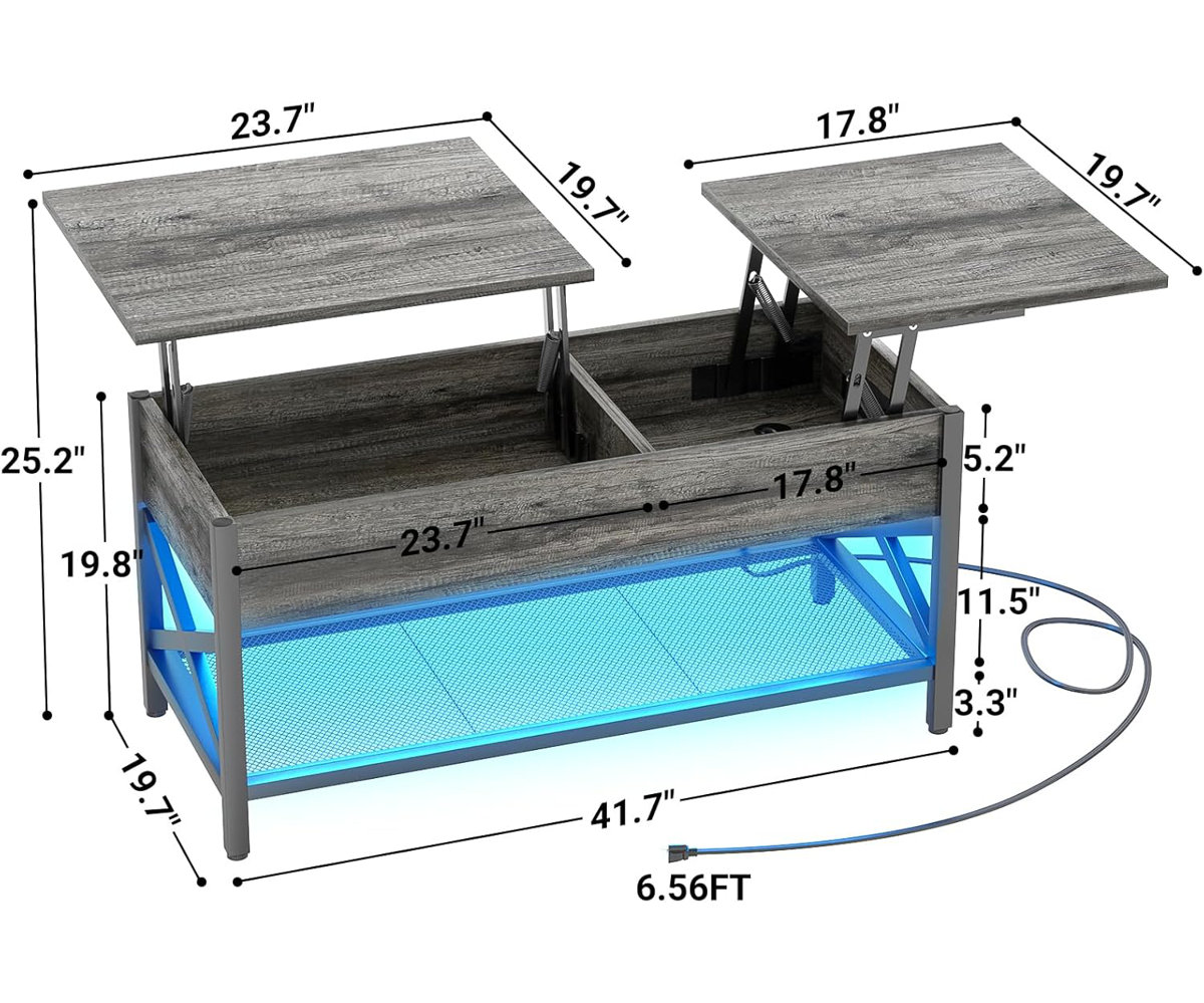 Ivy Bronx Lift Top Coffee Center Table with LED Light and Power Outlet ...