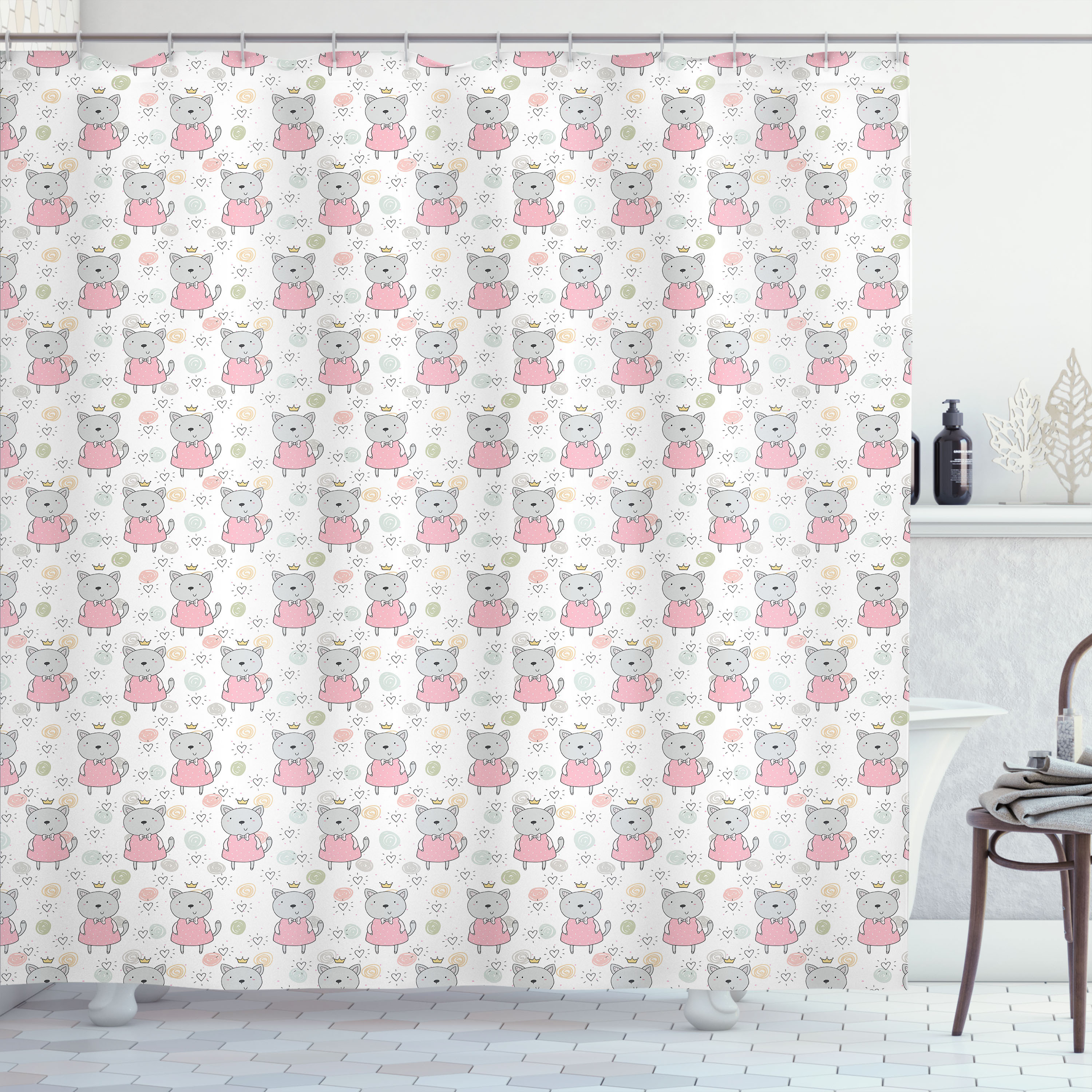 Dakota Fields Cat Shower Curtain Cartoon Cats with Tiara 69"Wx84"L ...