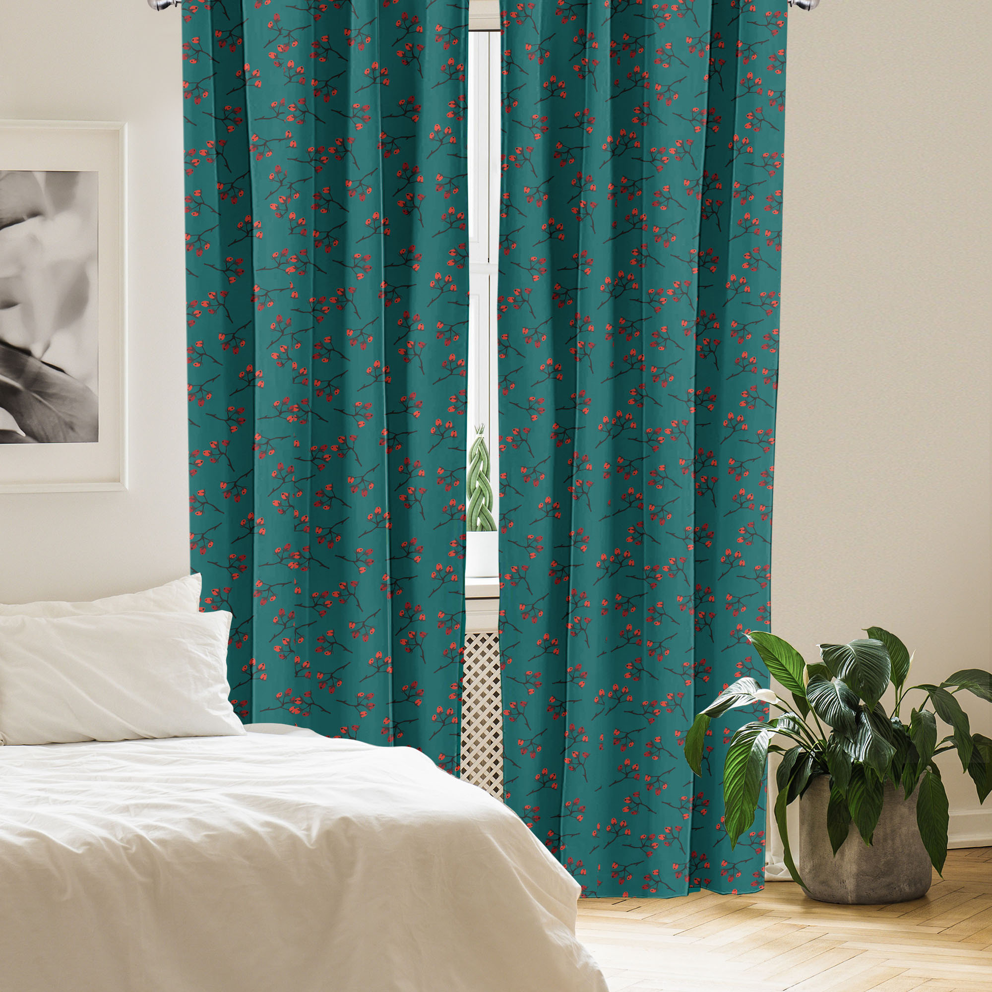 Bungalow Rose Teal 4-Panel Curtains, Red Berry Christmas Rustic Teal ...