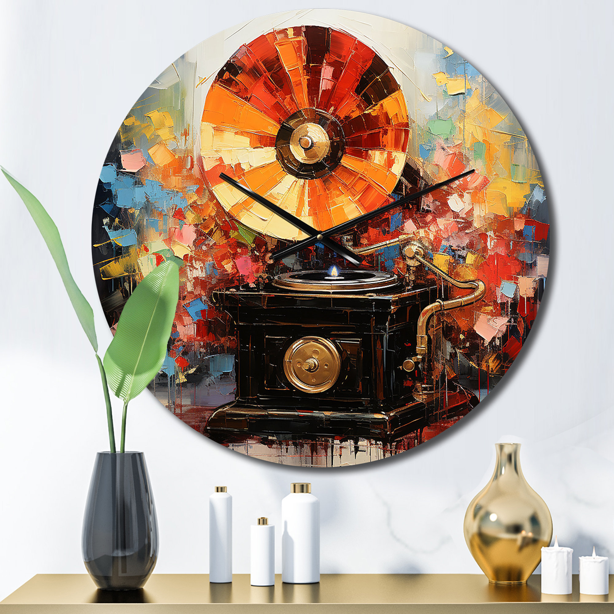 East Urban Home Colorful Phonograph Collage - Music Wall Clock | Wayfair