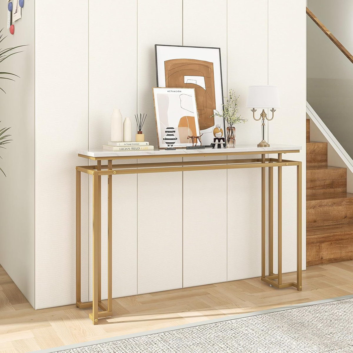 Mercer41 47” Gold Console Table, Narrow Console Table With Faux Marble ...