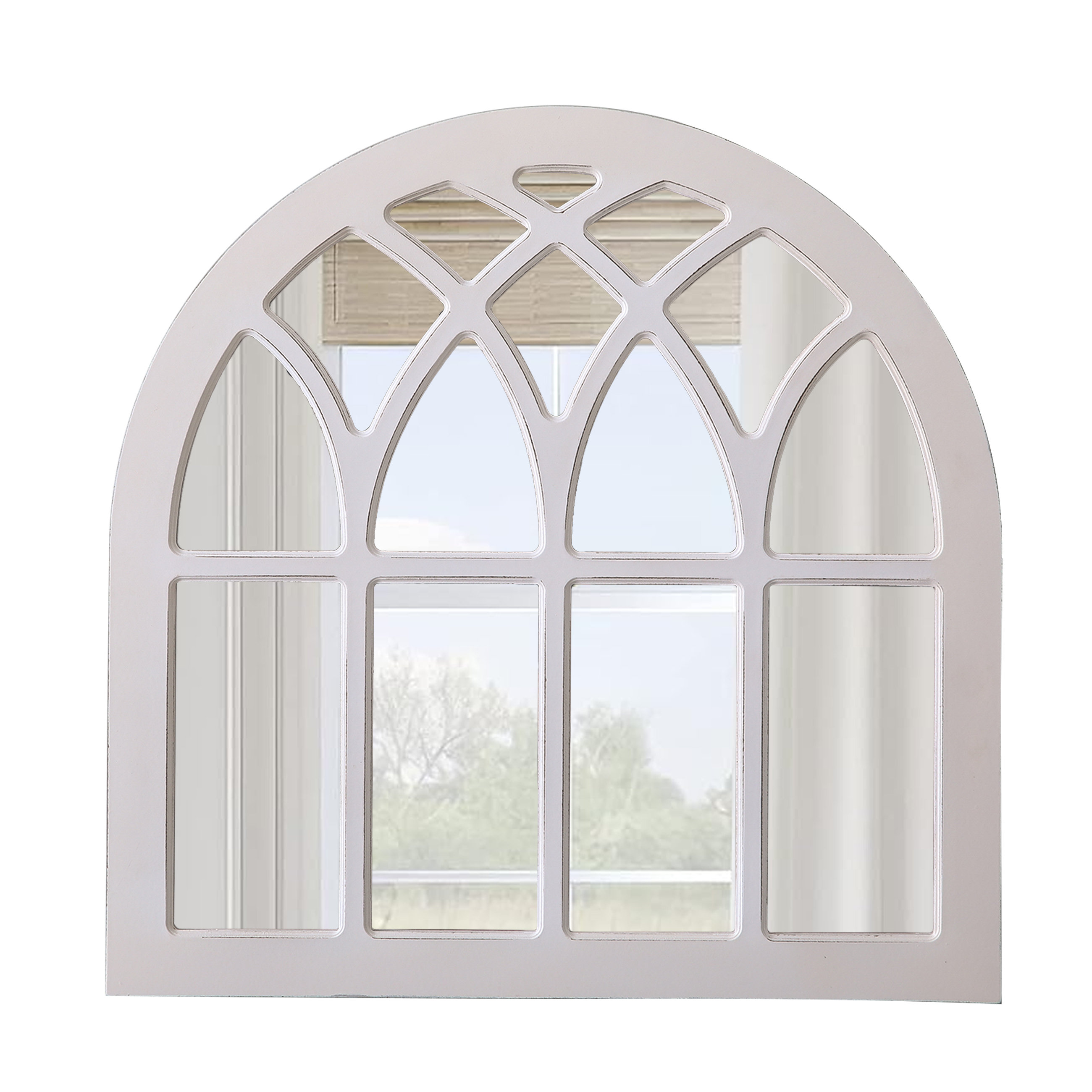 Gracie Oaks Vintage White Arched Wall Mirror, Wood Framed Window Pane ...