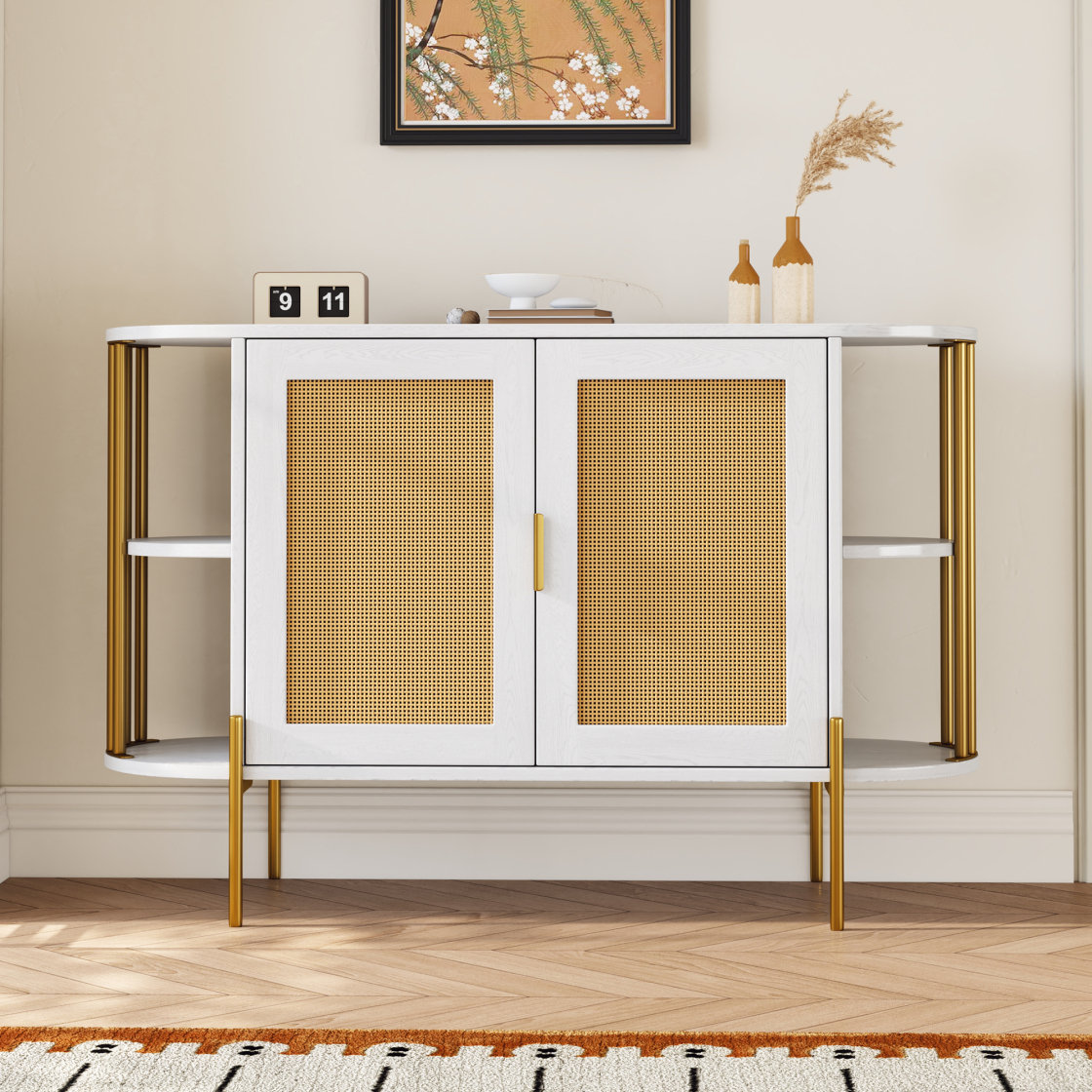 Mercer41 2-Door Elegant Curved Dining Cabinet With Gold Trim And Woven ...
