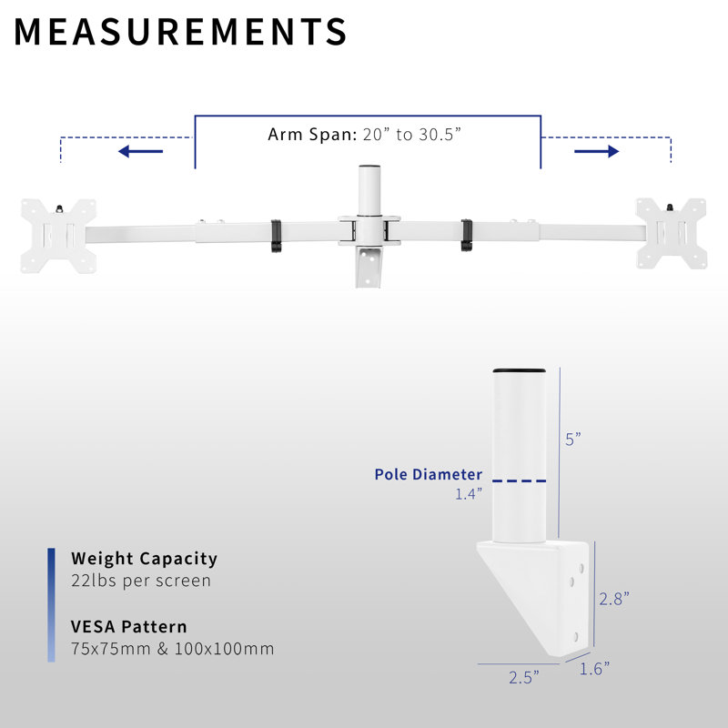 VIVO White Steel Telescoping Flush Wall Mount for Dual 21" to 32 ...