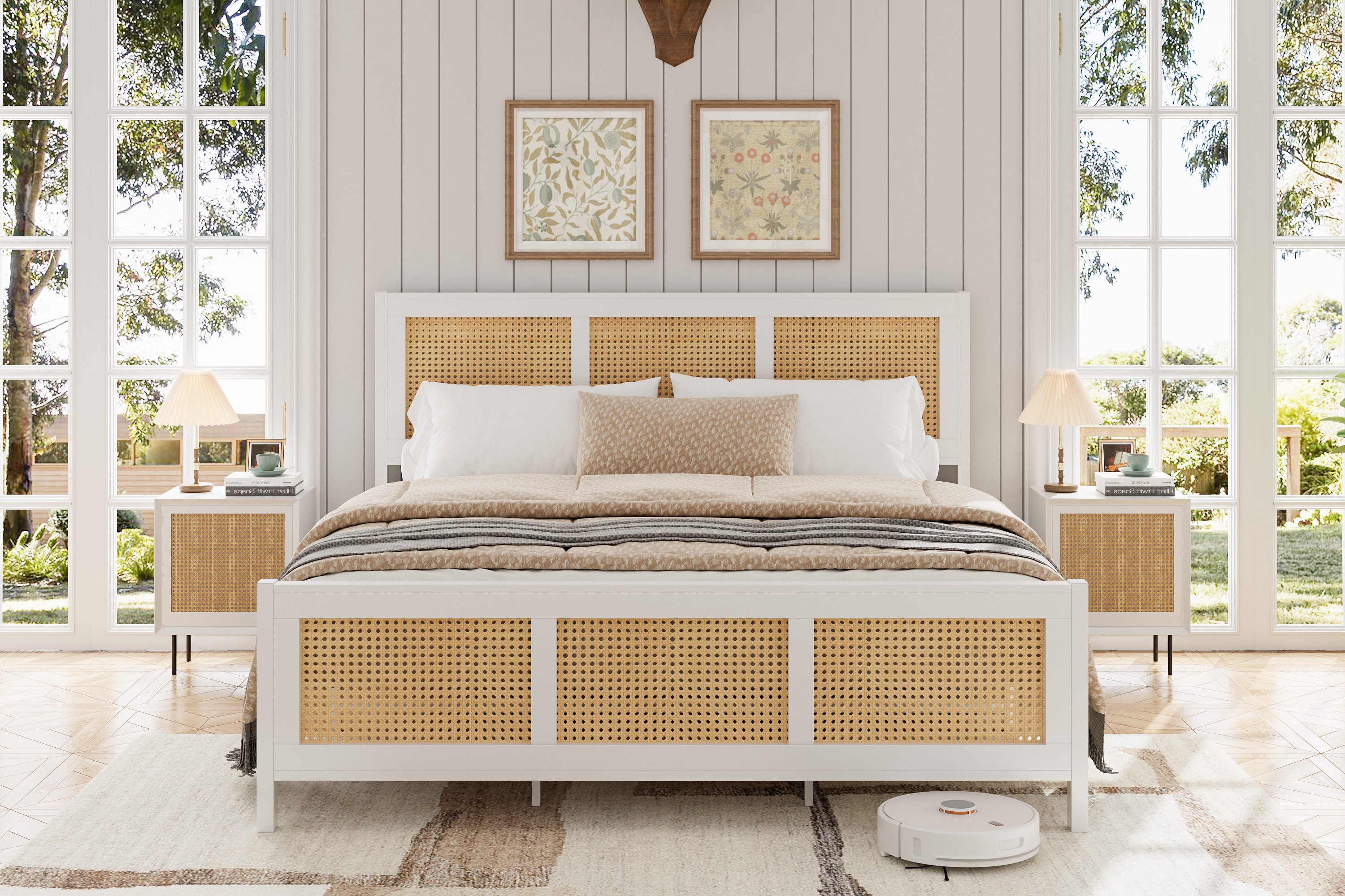 Dakota Fields Bed Frame with Headboard, Bohemian Rattan Platform Bed ...