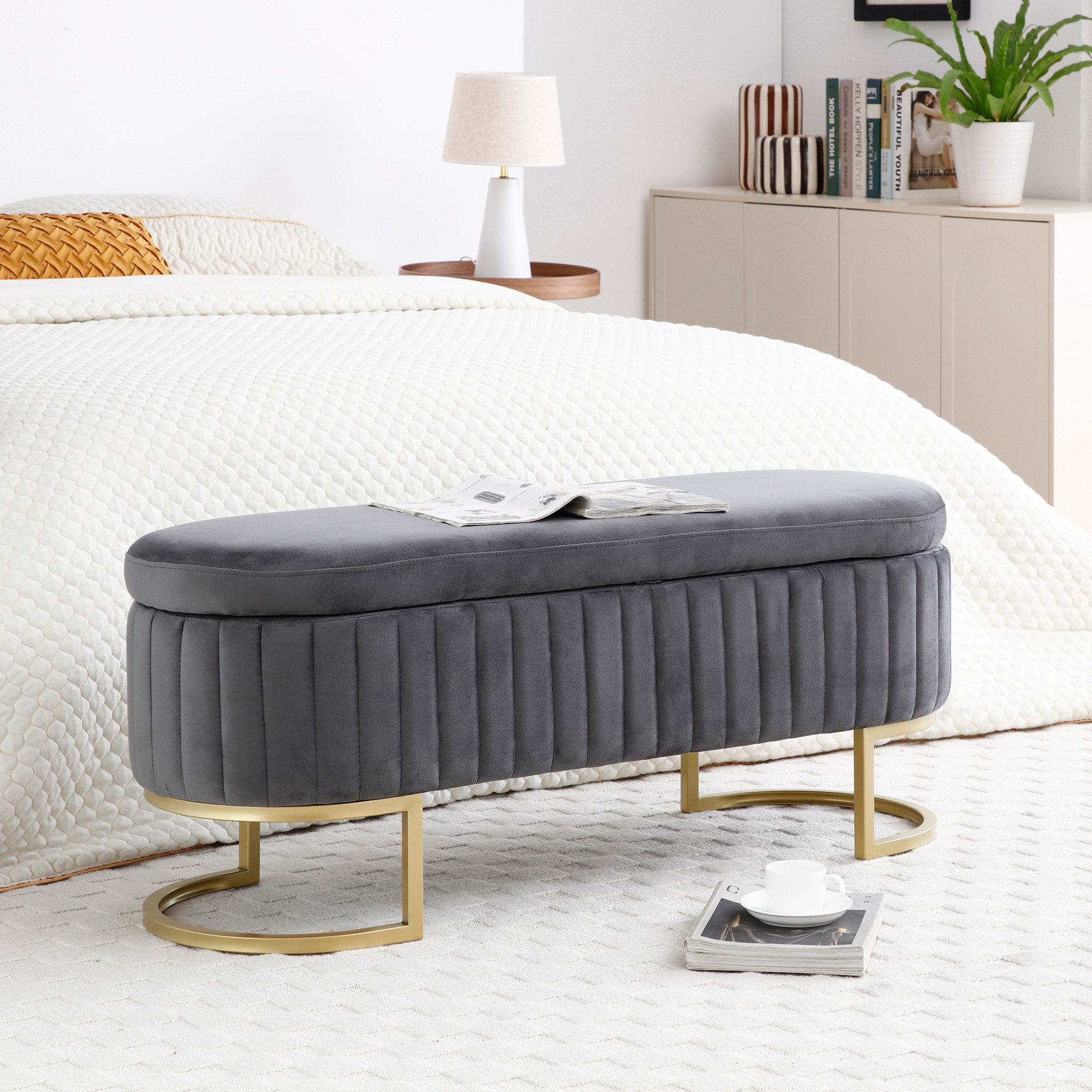 Everly Quinn Stylish Velvet Oval Upholstered Storage Bench with Golden ...