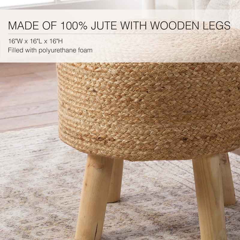 Wade Logan Arinda 16" Wide Round 100% Braided Jute Pouf Ottoman/Foot ...