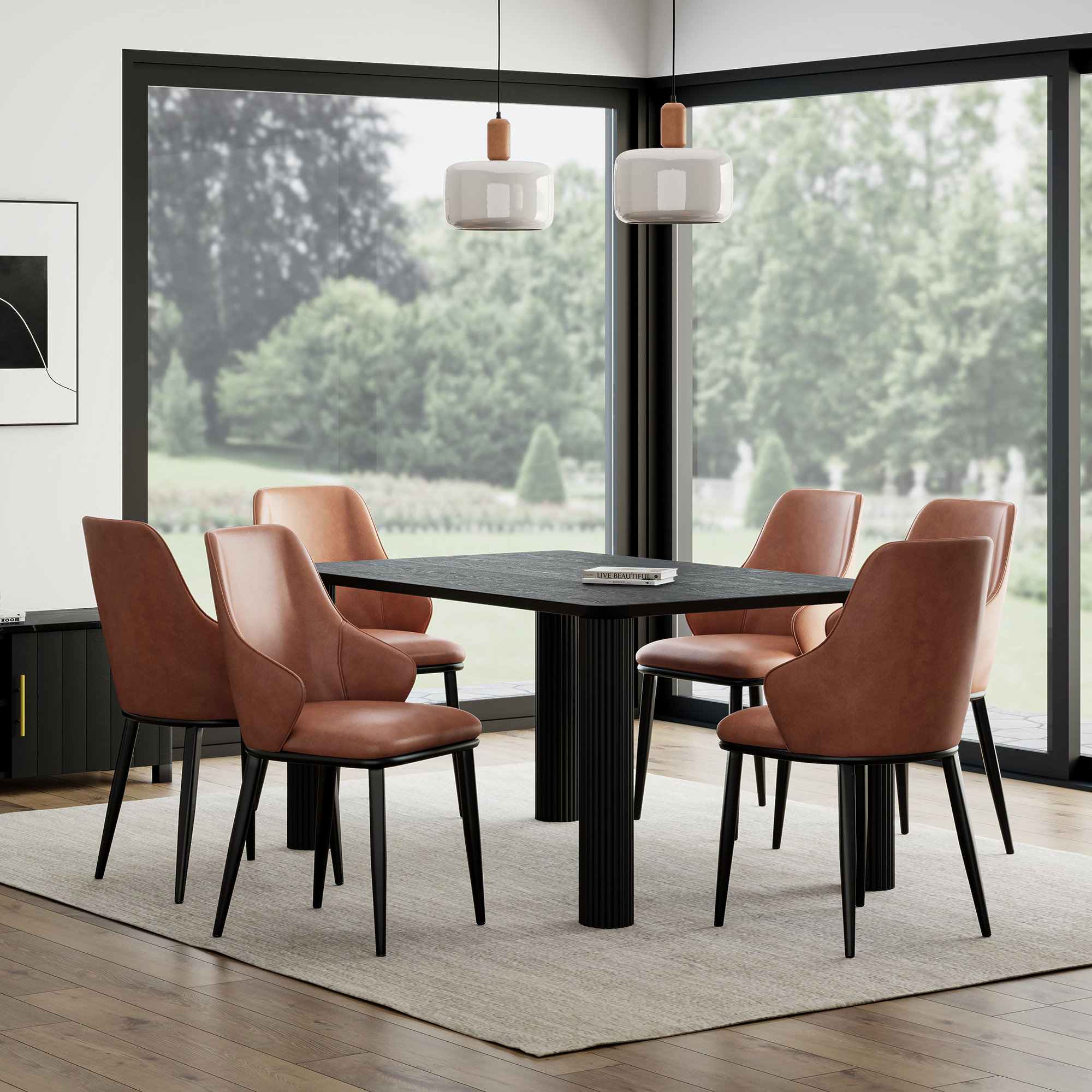Corrigan Studio® 7pc Dining Set - Solid Wood Black Table with Saddle ...
