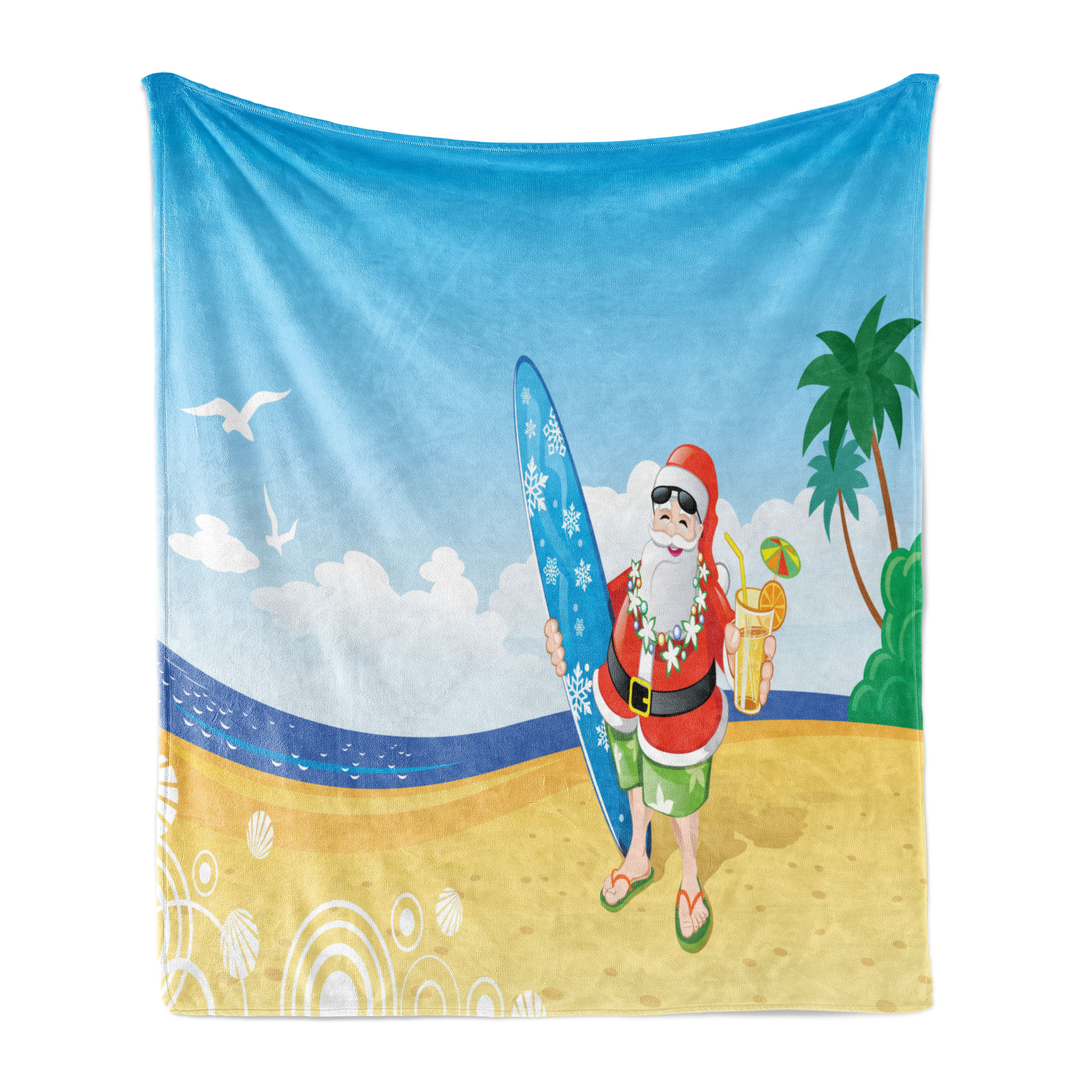 Ambesonne Christmas Fleece Throw Blanket Santa on Beach Surf Blue ...