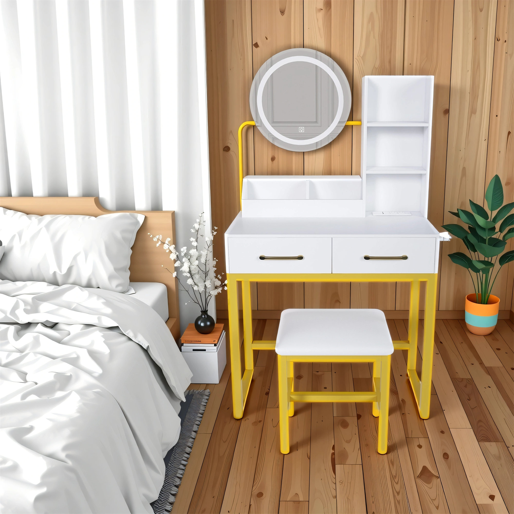 Wrought Studio™ Dressing Table With LED Lights And Power Outlet With 2 ...