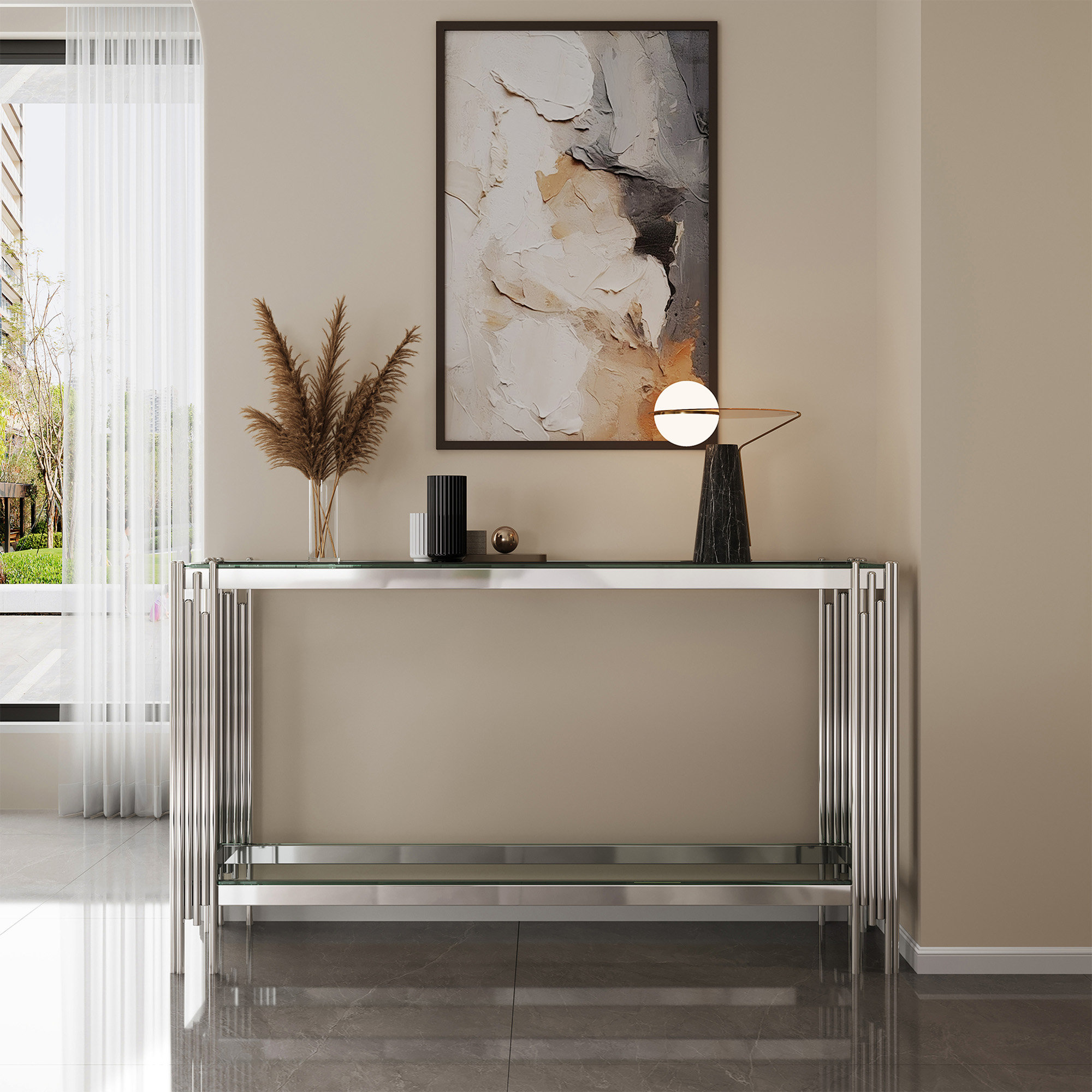 Ivy Bronx Top And Bottom Double Layer Tempered Glass Console Table And ...