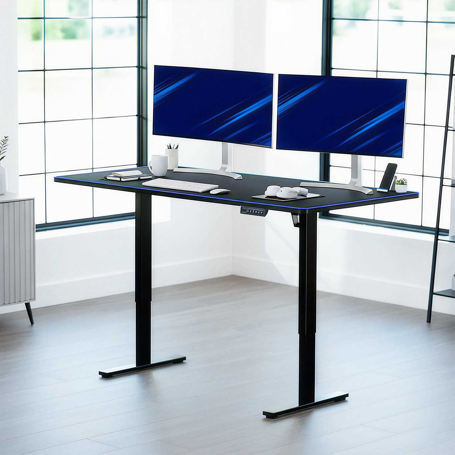 Inbox Zero Electric 71” x 36” Stand Up Desk with RGB, Black Table Top ...