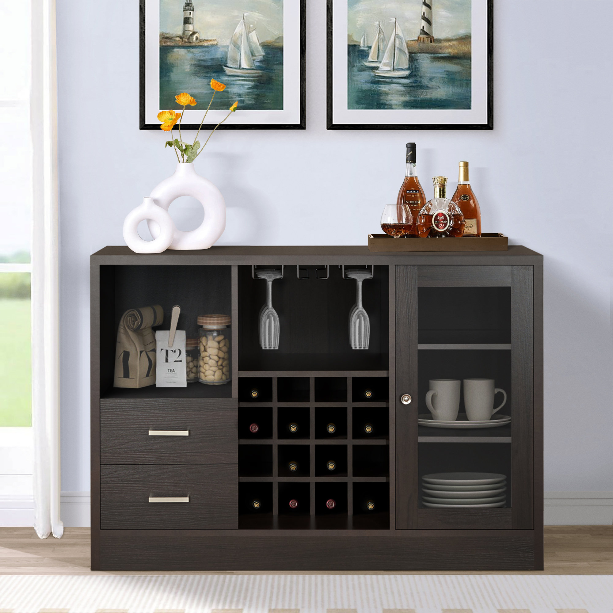 Latitude Run® Bart Espresso 2-drawer Server with Wine Rack | Wayfair