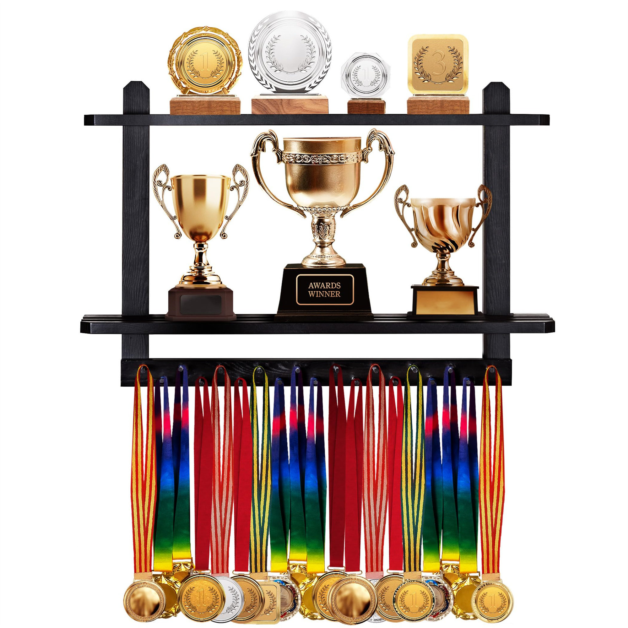 Rebrilliant Wooden Medal Rack And Trophy Stand With 19 Hanging Rods ...