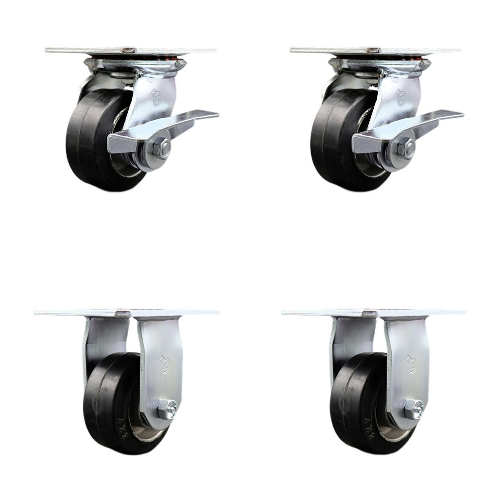 Service Caster 4 Inch Rubber on Aluminum Caster Set with Ball Bearing 2 ...