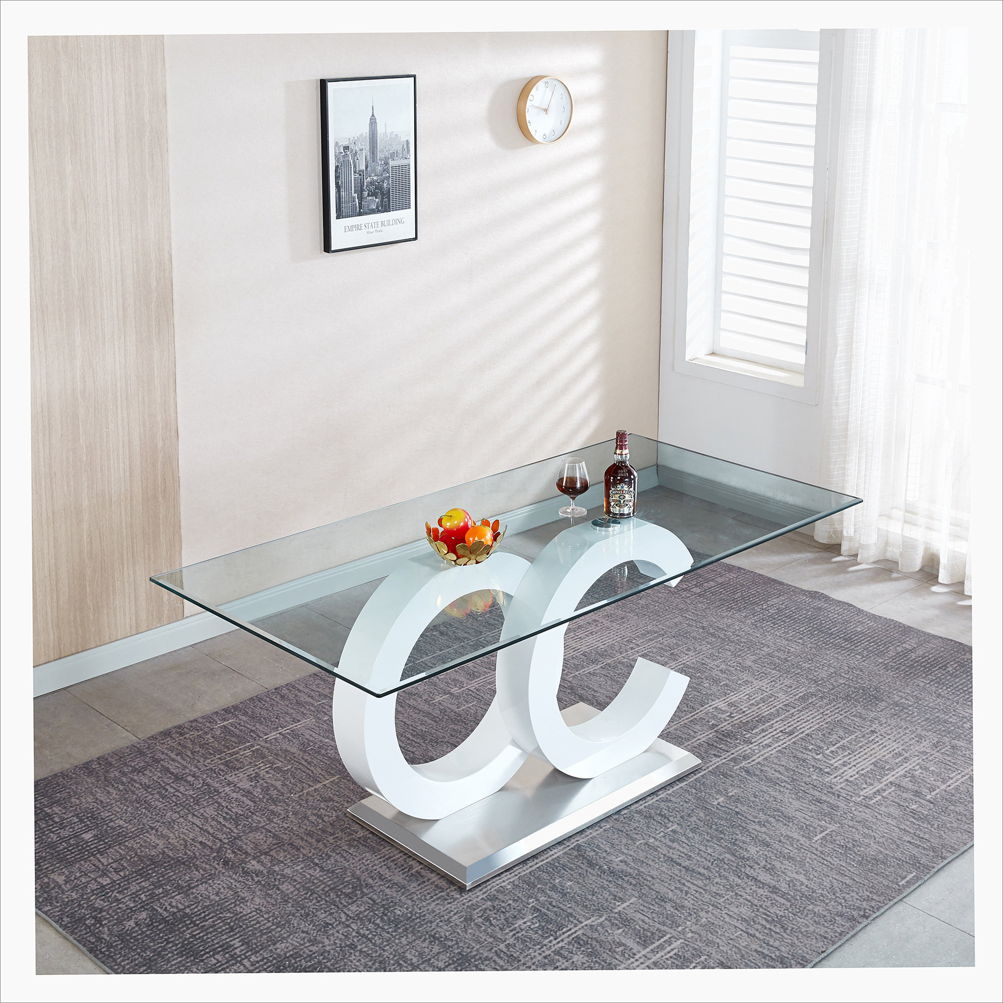 Ivy Bronx Tempered Glass Dining Table with Black MDF Middle Support and ...