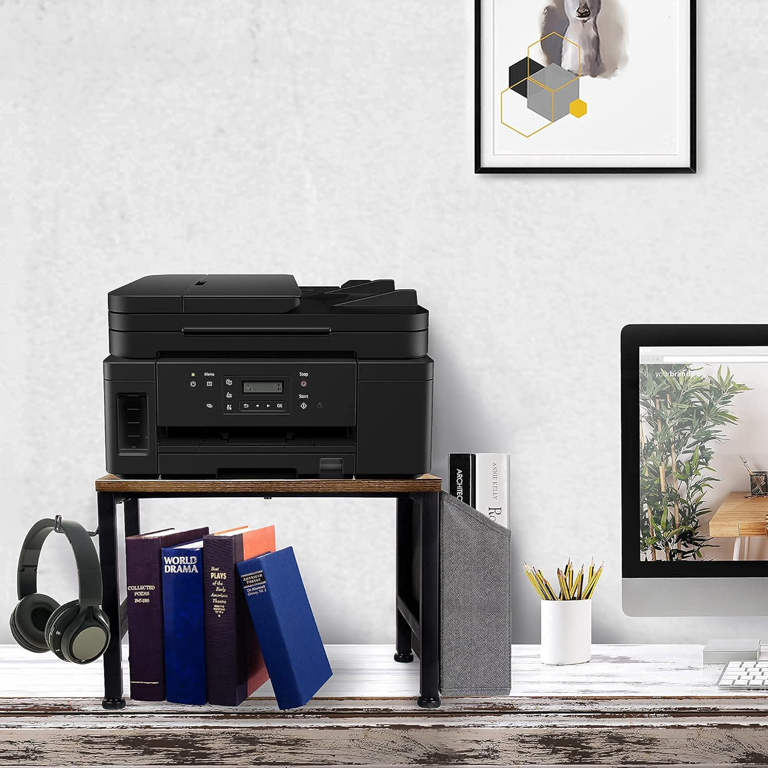 Passetas Printer Stand Holder With Storage Bin Hook Under Desk ...