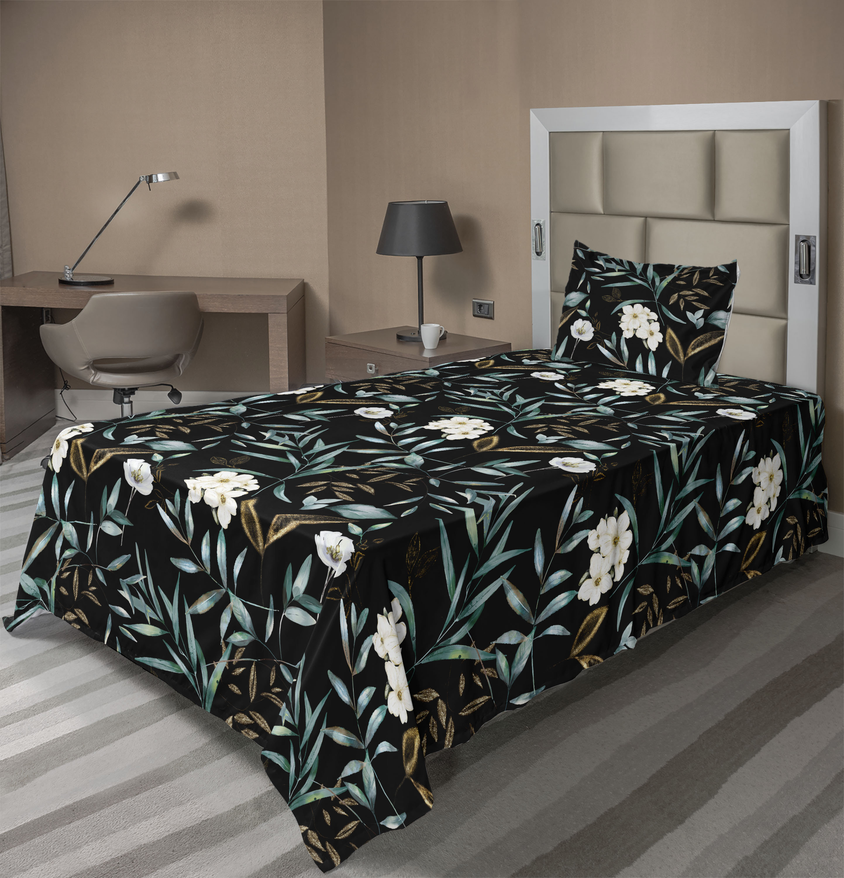 Ambesonne Floral Design Sheet Set Exotic Leafy Hibiscus Sea Green Fawn ...