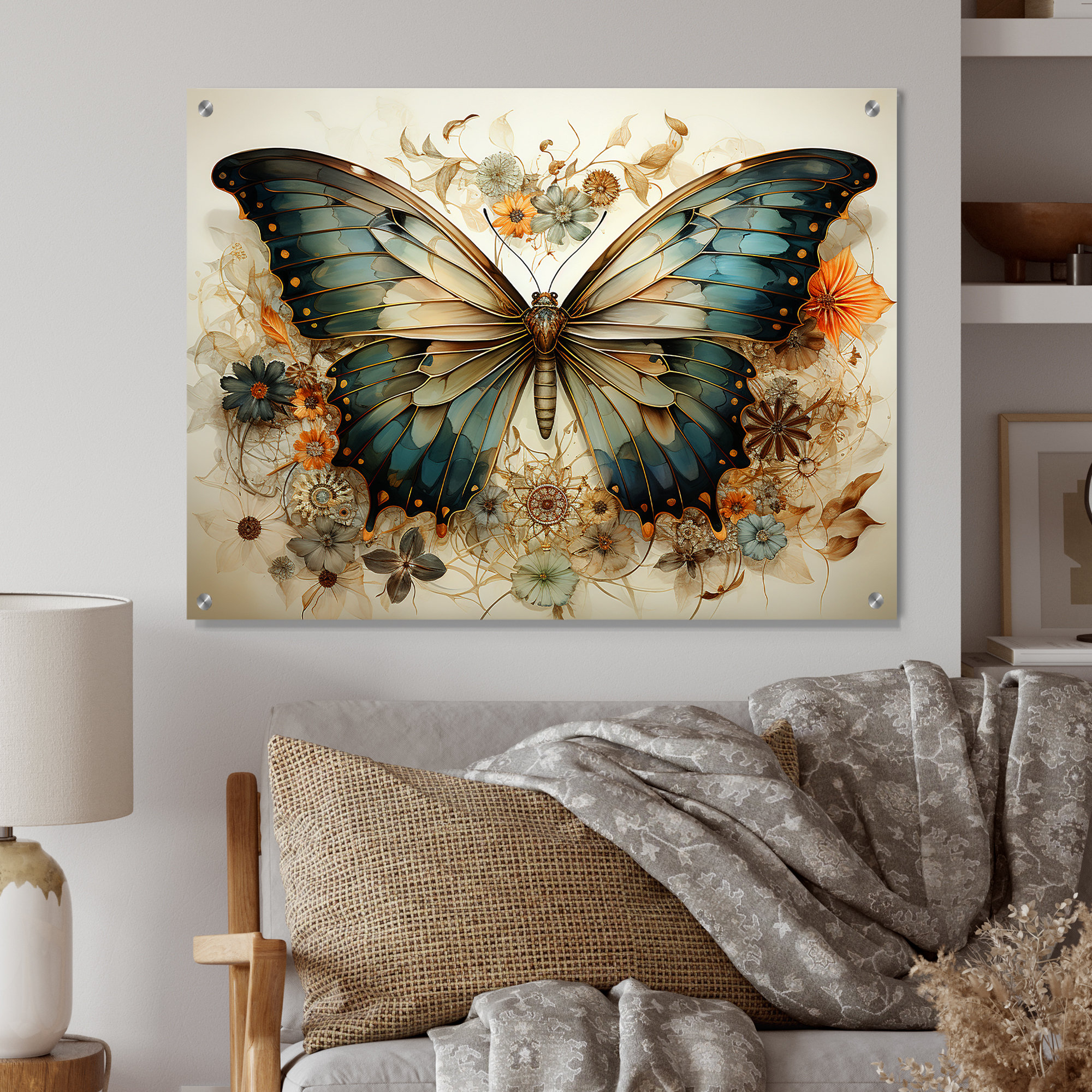 August Grove® Teal Beige Butterfly Intricate Patterns - Butterfly ...
