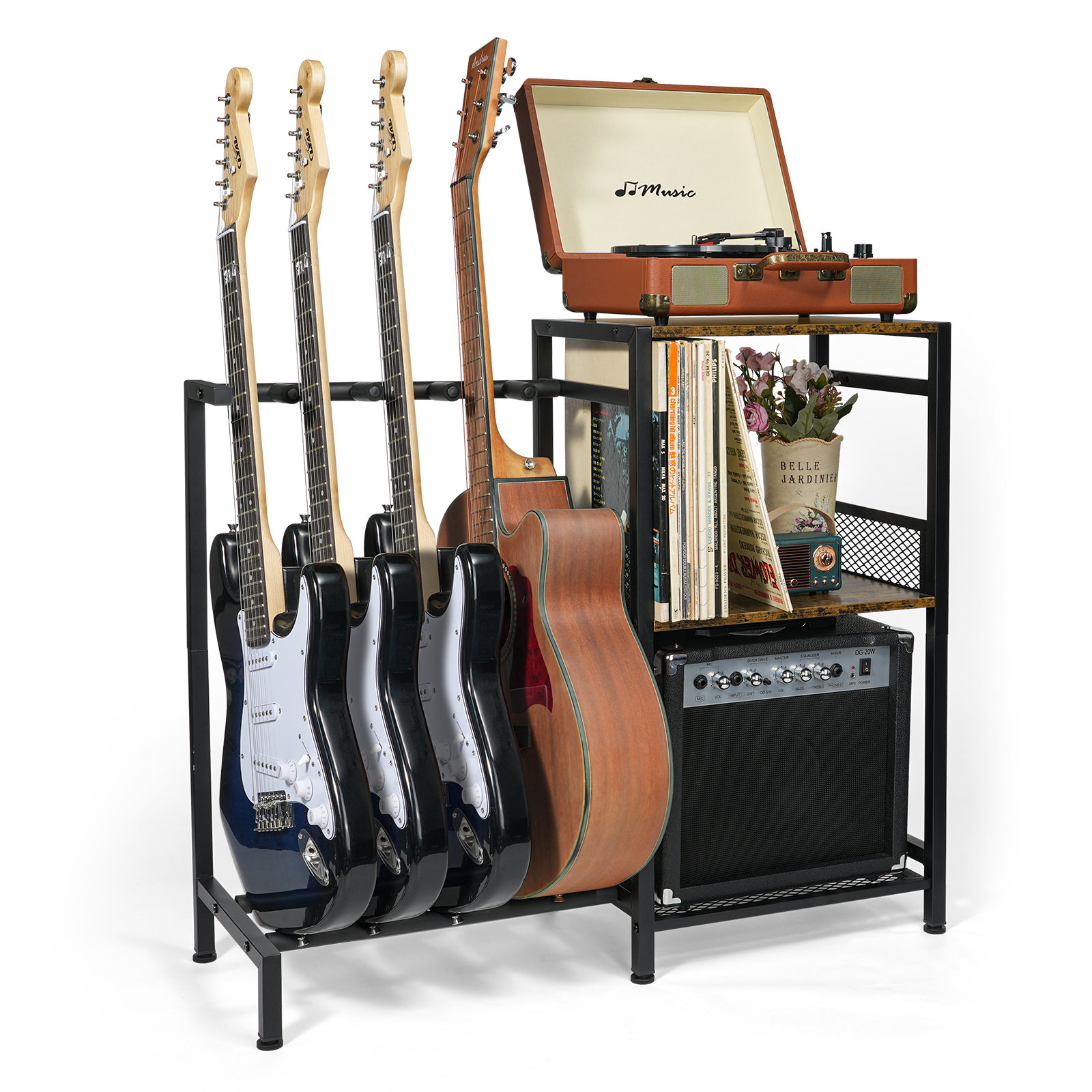 17 Stories Guitar Stand Multiple Guitars With Vinyl Record Storage ...